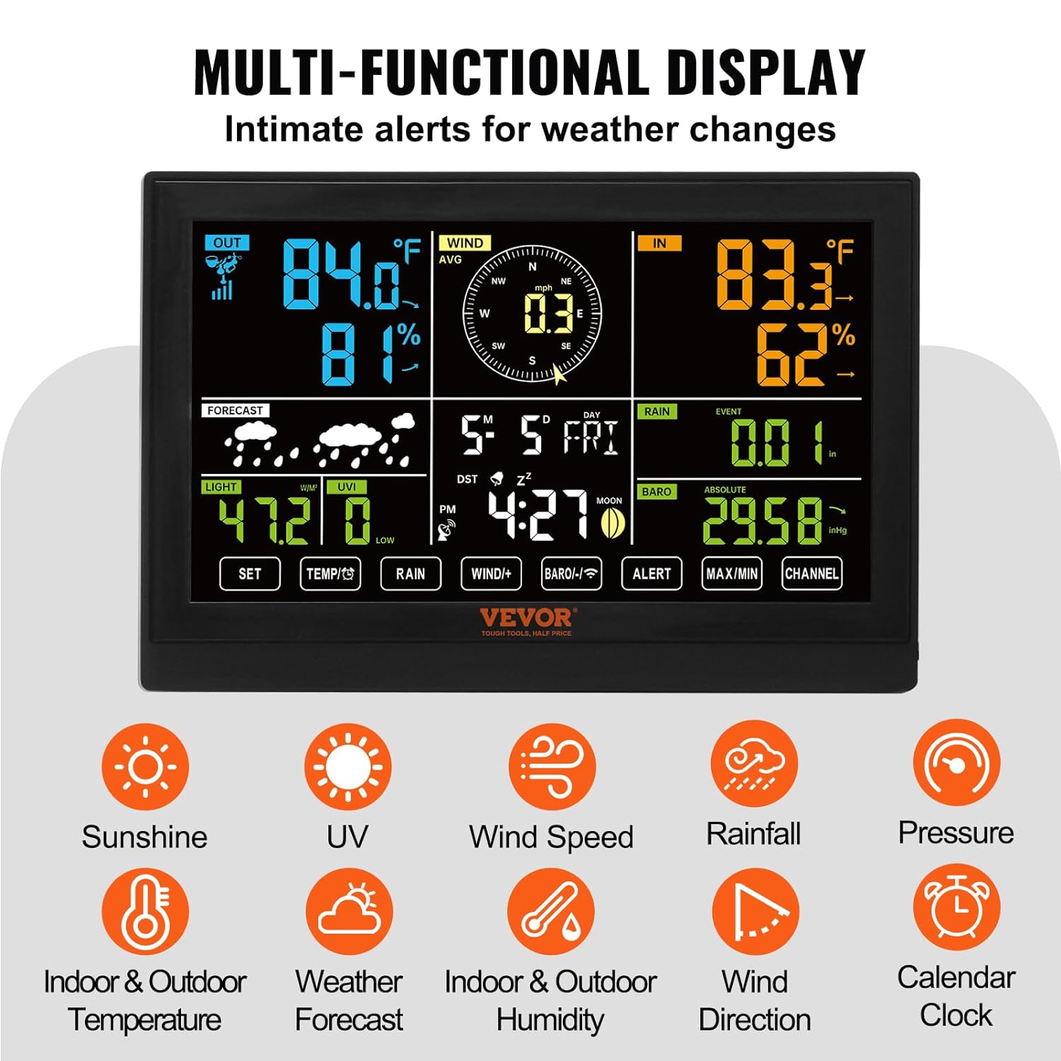 Statie Meteo profesionala 7 in 1, Wireless, cu panou solar, afisaj LCD ...