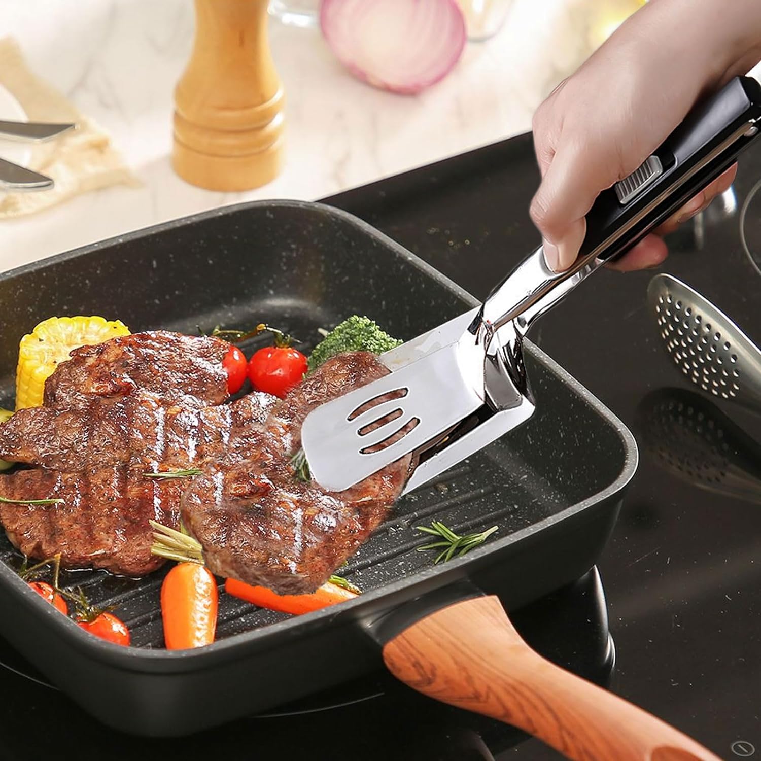Spatula perforata pentru friptura, JENUOS®, 2 in 1, reutilizare, Inox ...