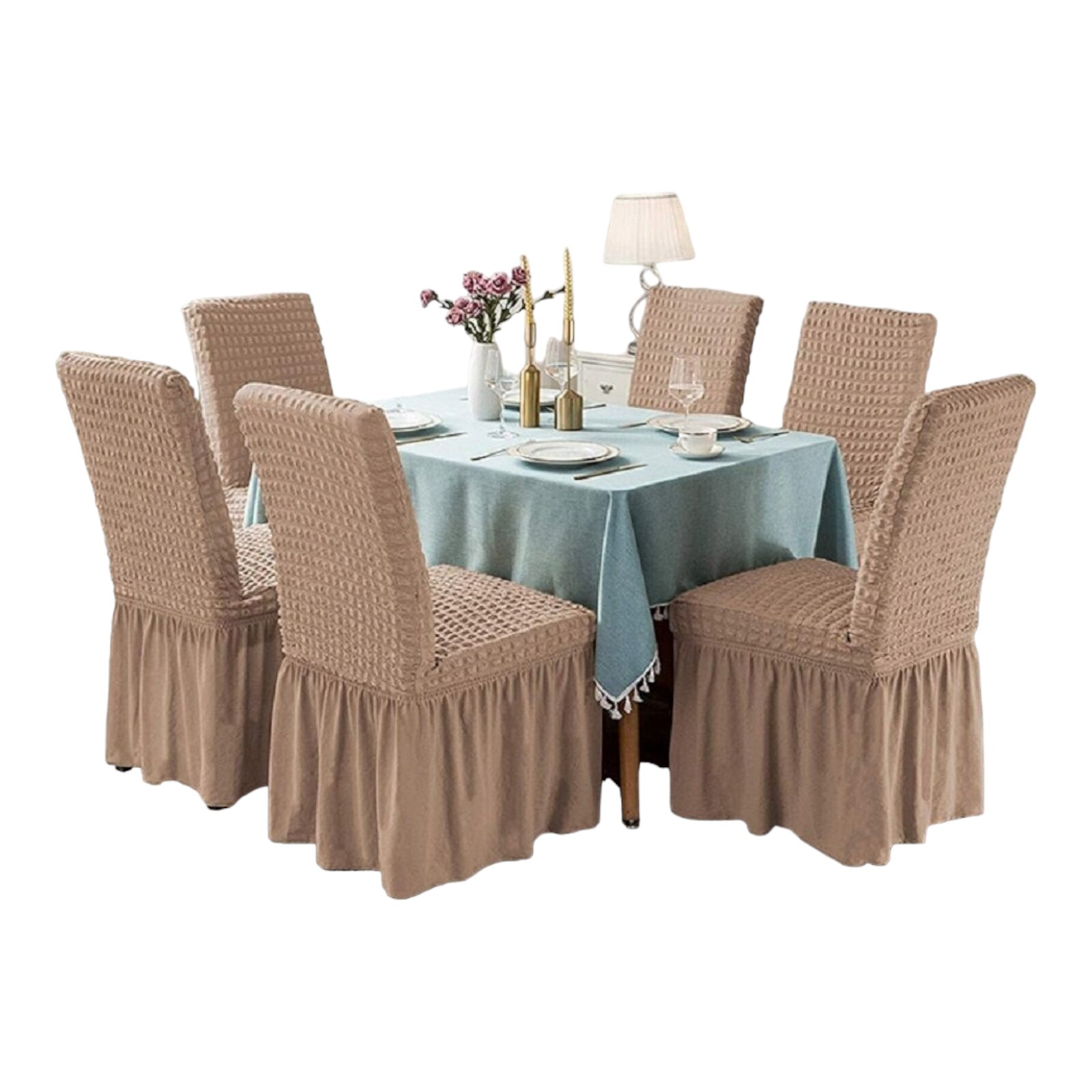 Set 4 Huse Universale Premium Pentru Scaun Creponate Cu Volanase Cafea ...