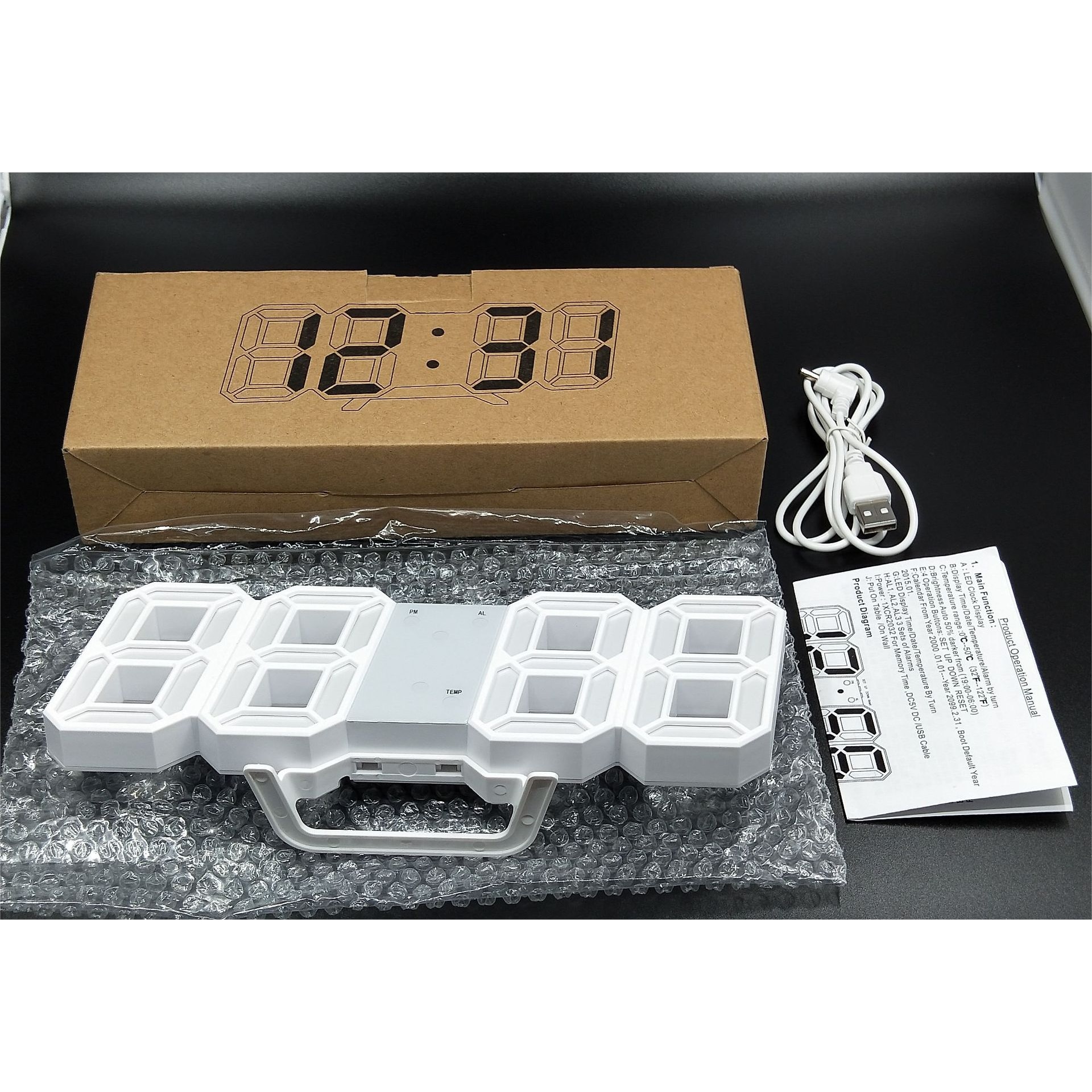 Ceas digital 3D iluminat LED, Pentru birou sau perete, Afisaj mare si ...