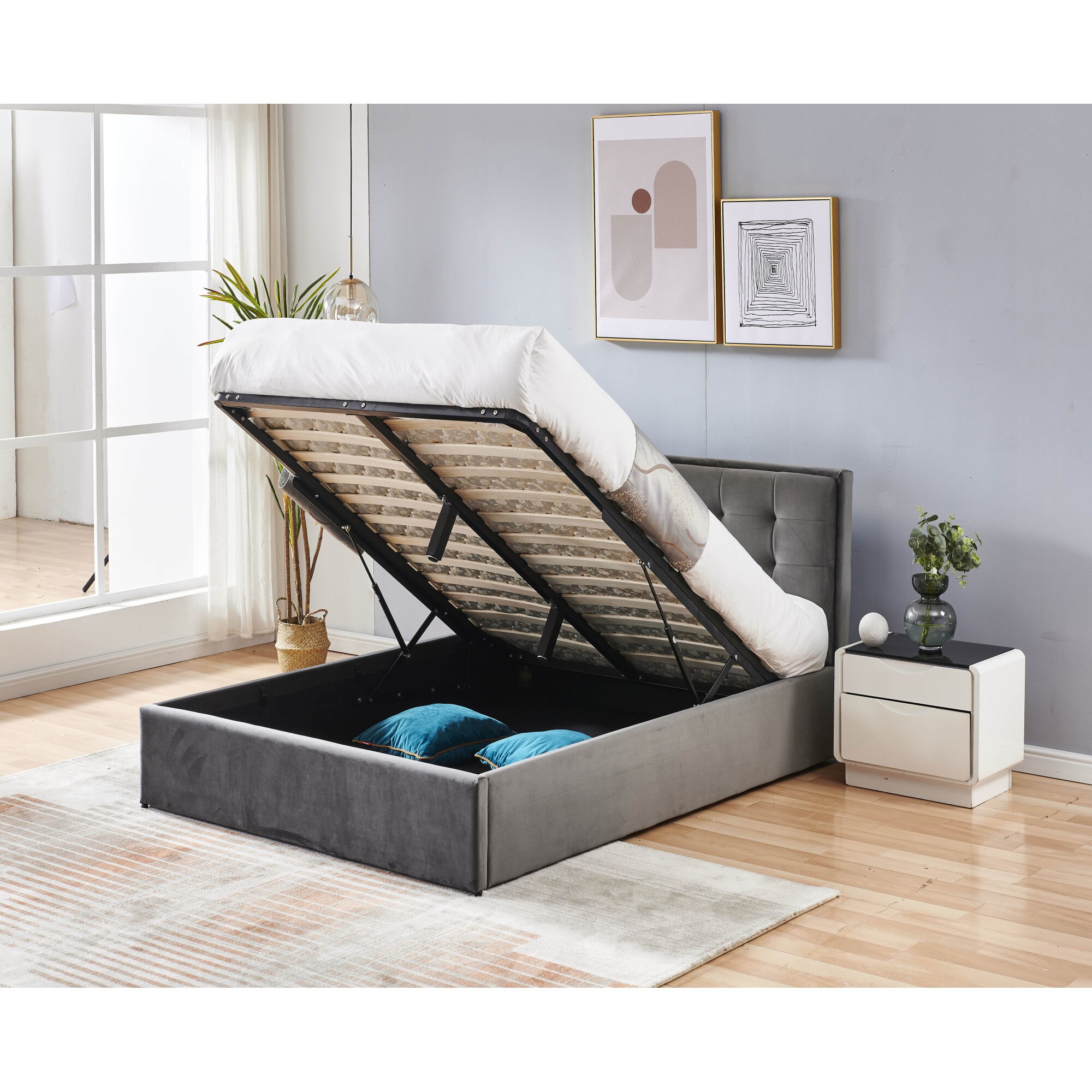 Pat rabatabil dublu 180x200 cm Model Calypso Tapitat Stofa Gri Somiera ...