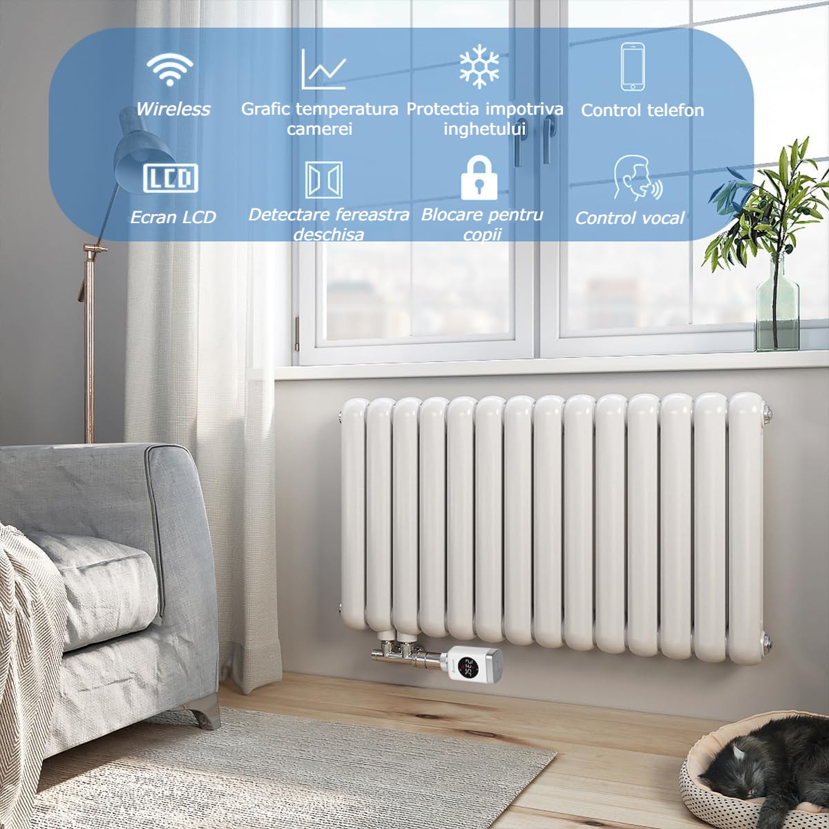 Termostat inteligent pentru calorifer Izzitek®, Wireless, control ...