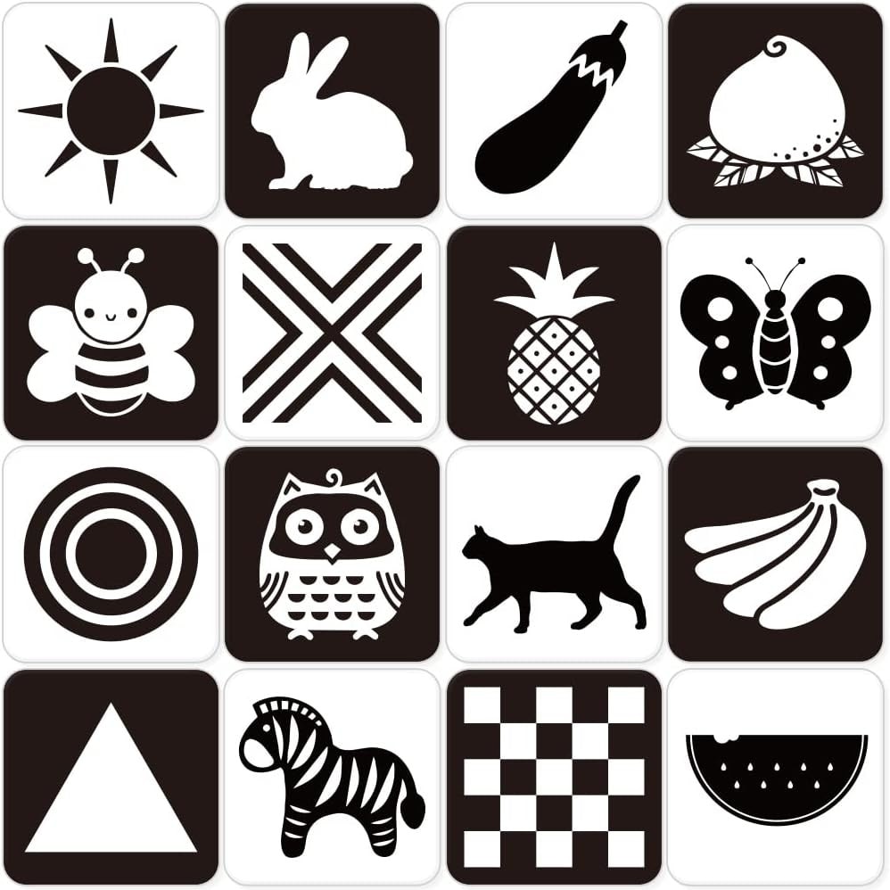 Set 24 de carduri, stimulare vizuala bebelusi, cartonase cu imagini alb ...