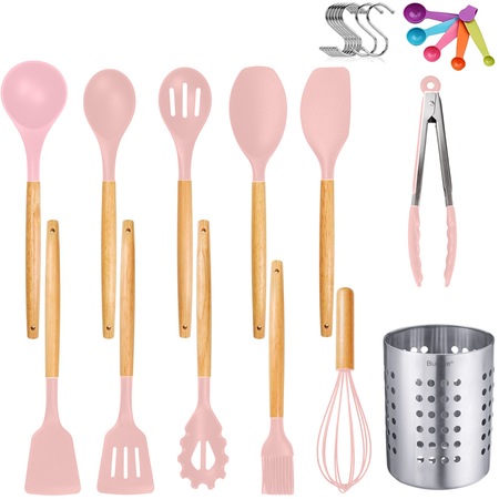 Set 27 Ustensile Bucatarie, Bukate®, Lemn/Silicon, Suport Inox ...