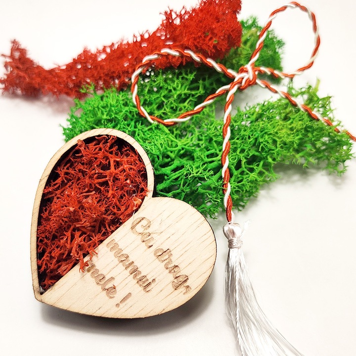Martisor artizanal de lemn, Inima cu mesaj pentru Mama, decorat cu ...
