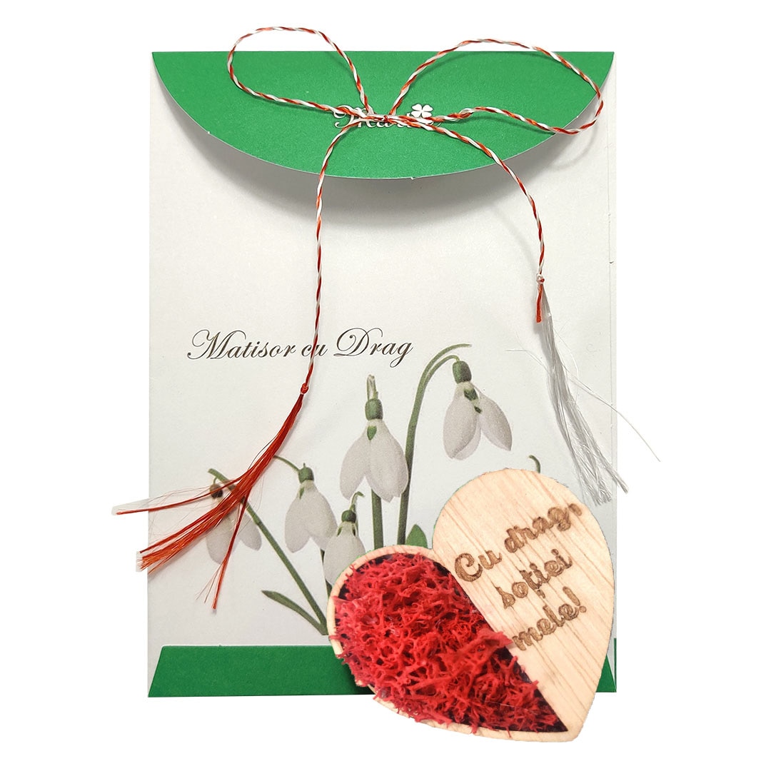Martisor artizanal de lemn, Inima cu mesaj pentru Sotie, decorat cu ...