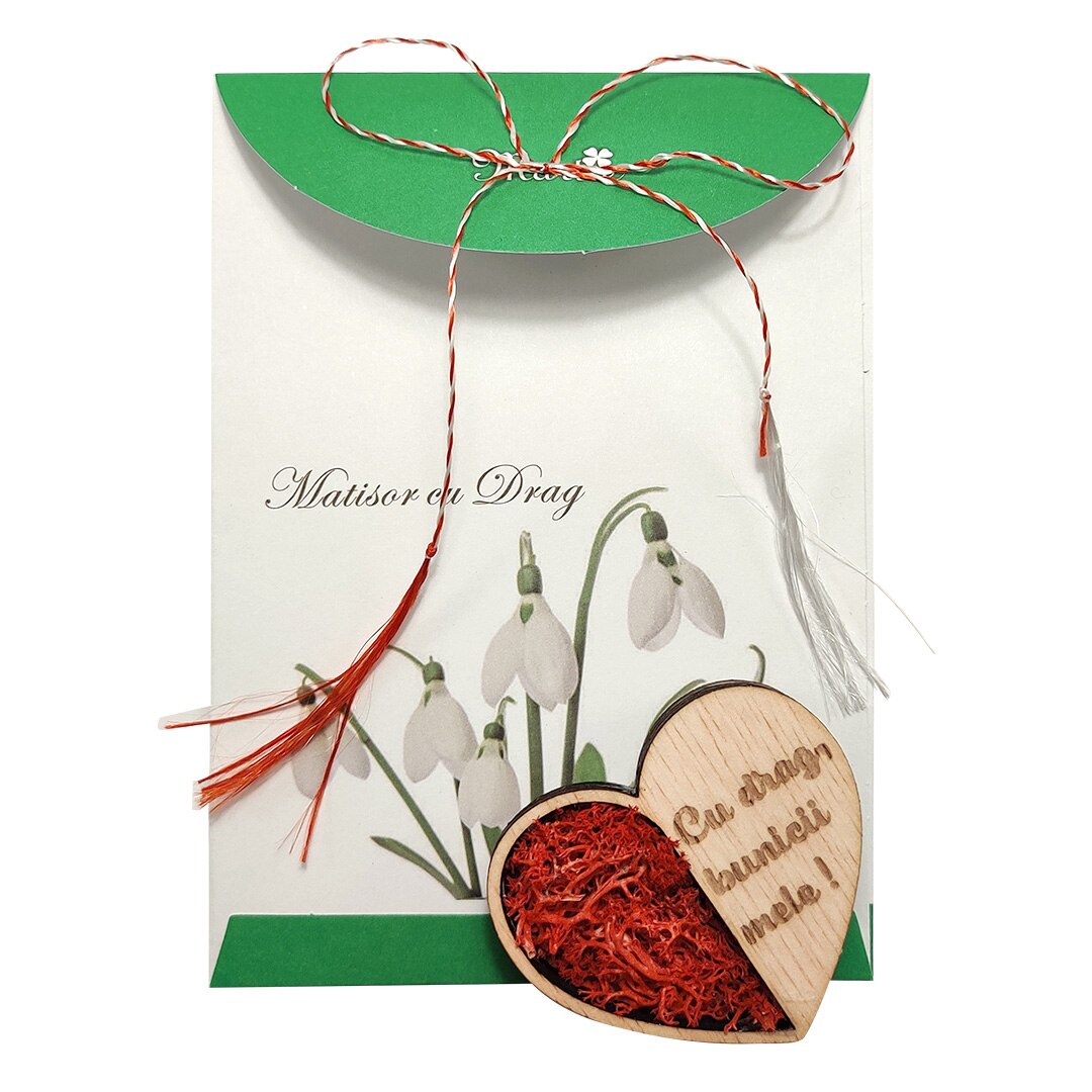 Martisor artizanal de lemn, Inima cu mesaj pentru Bunica, decorat cu ...