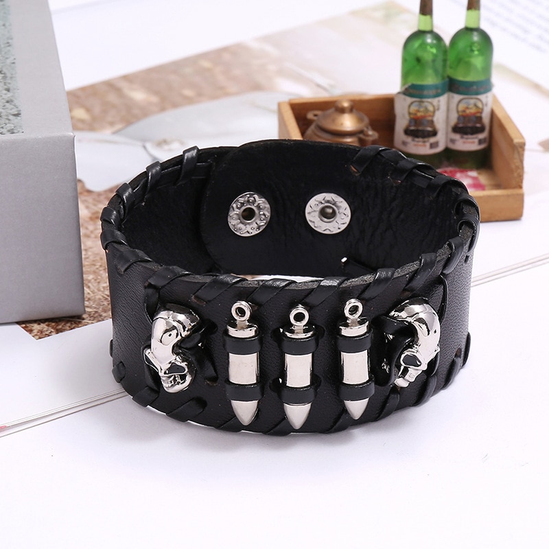 Bratara punk rock, model cu gloante si cap de schelet, reglabila ...