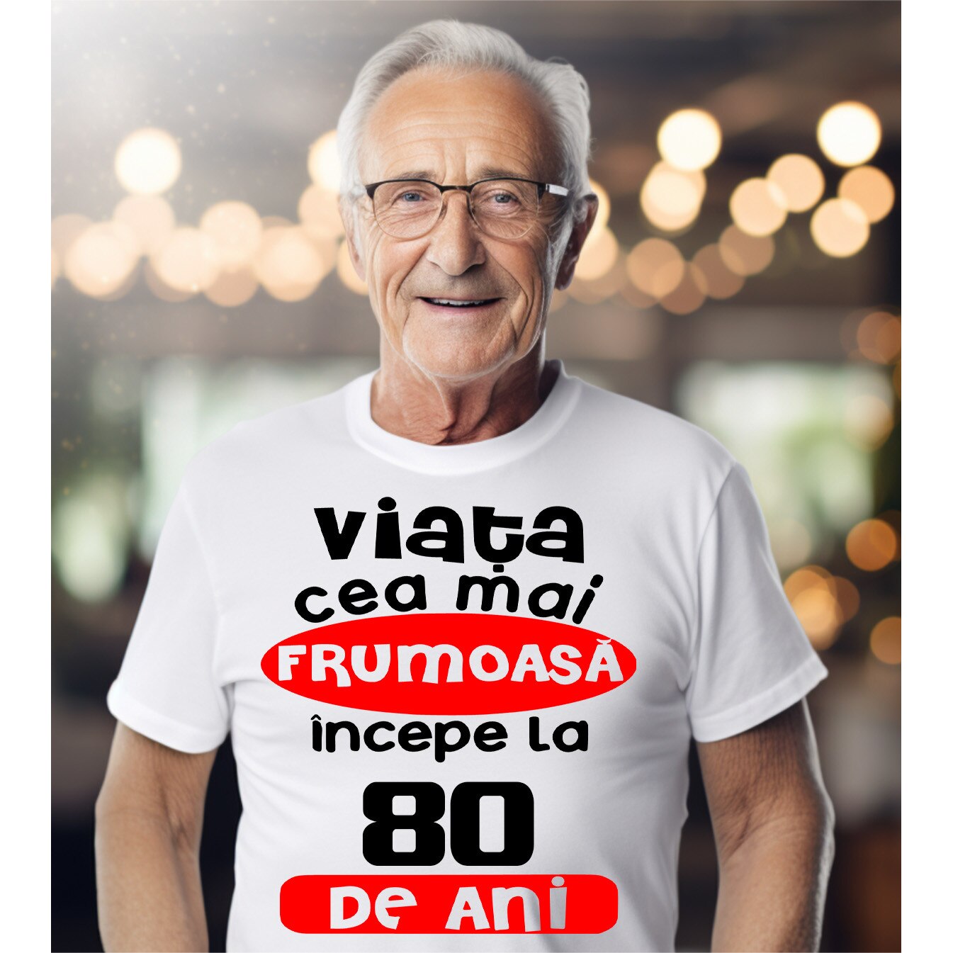 Tricou barbati alb personalizat Viata frumoasa incepe la 80 de ani ...