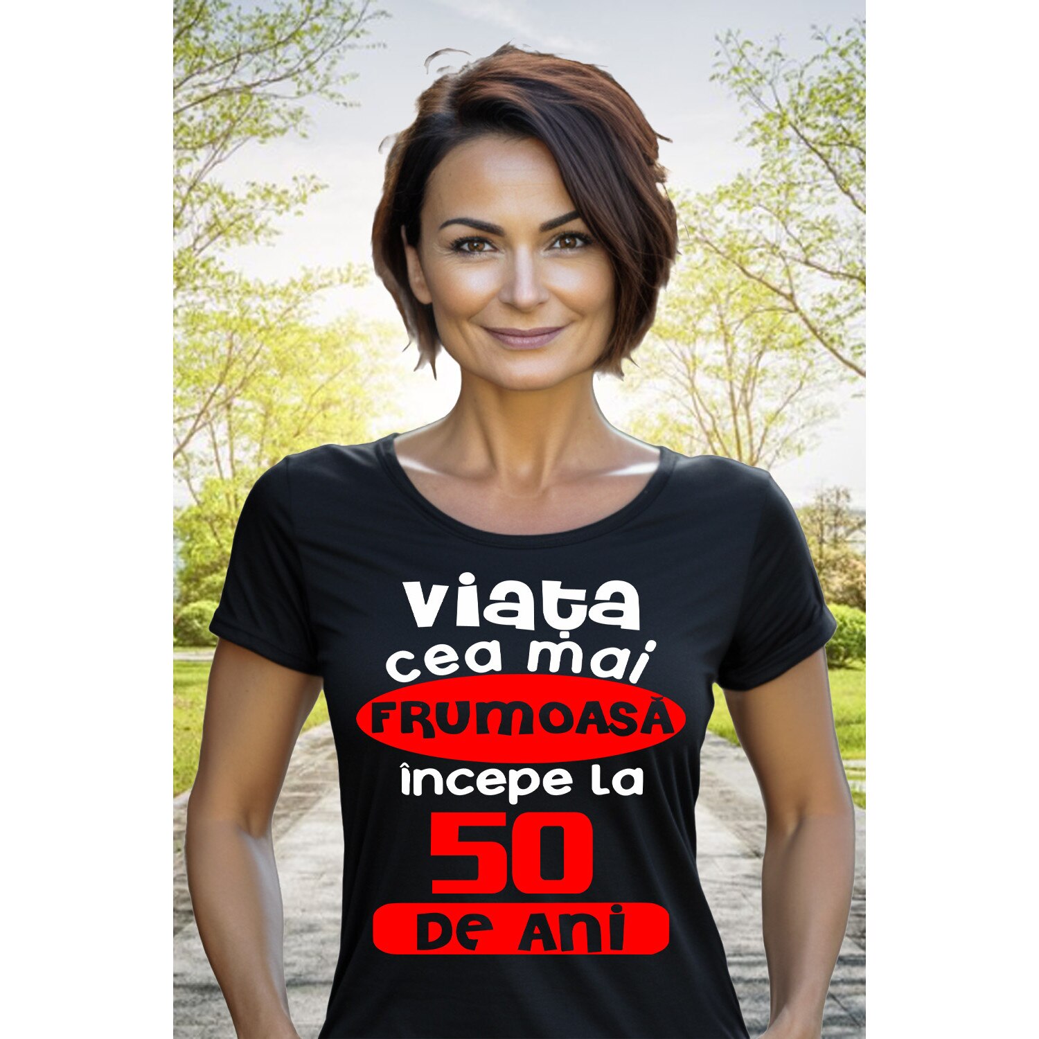 Tricou dama negru personalizat Viata frumoasa incepe la 50 de ani ...
