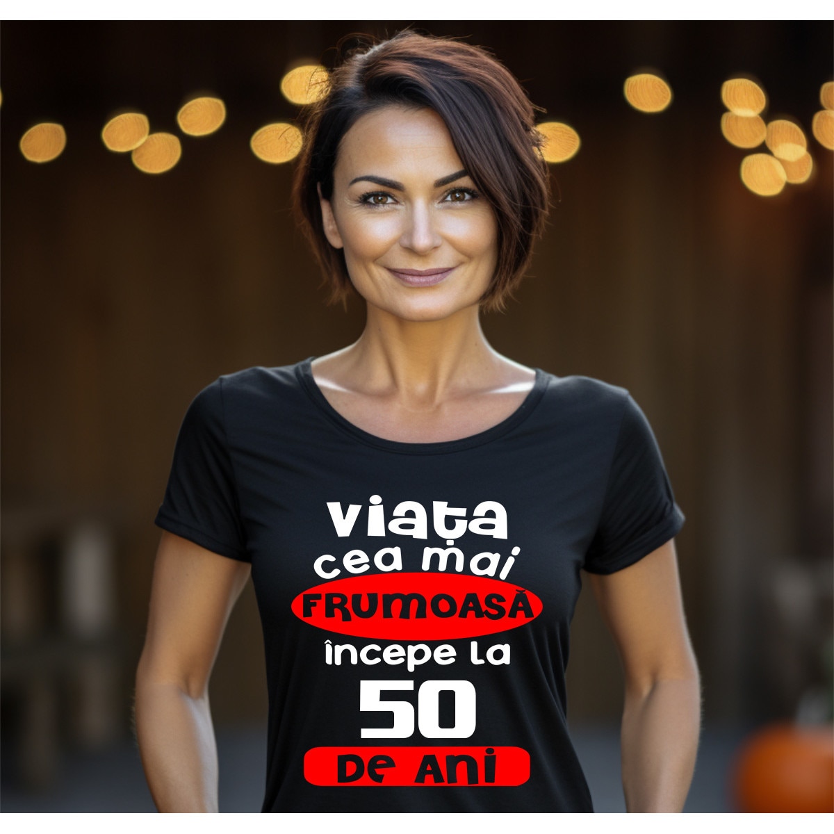 Tricou dama negru personalizat Viata frumoasa incepe la 50 de ani ...