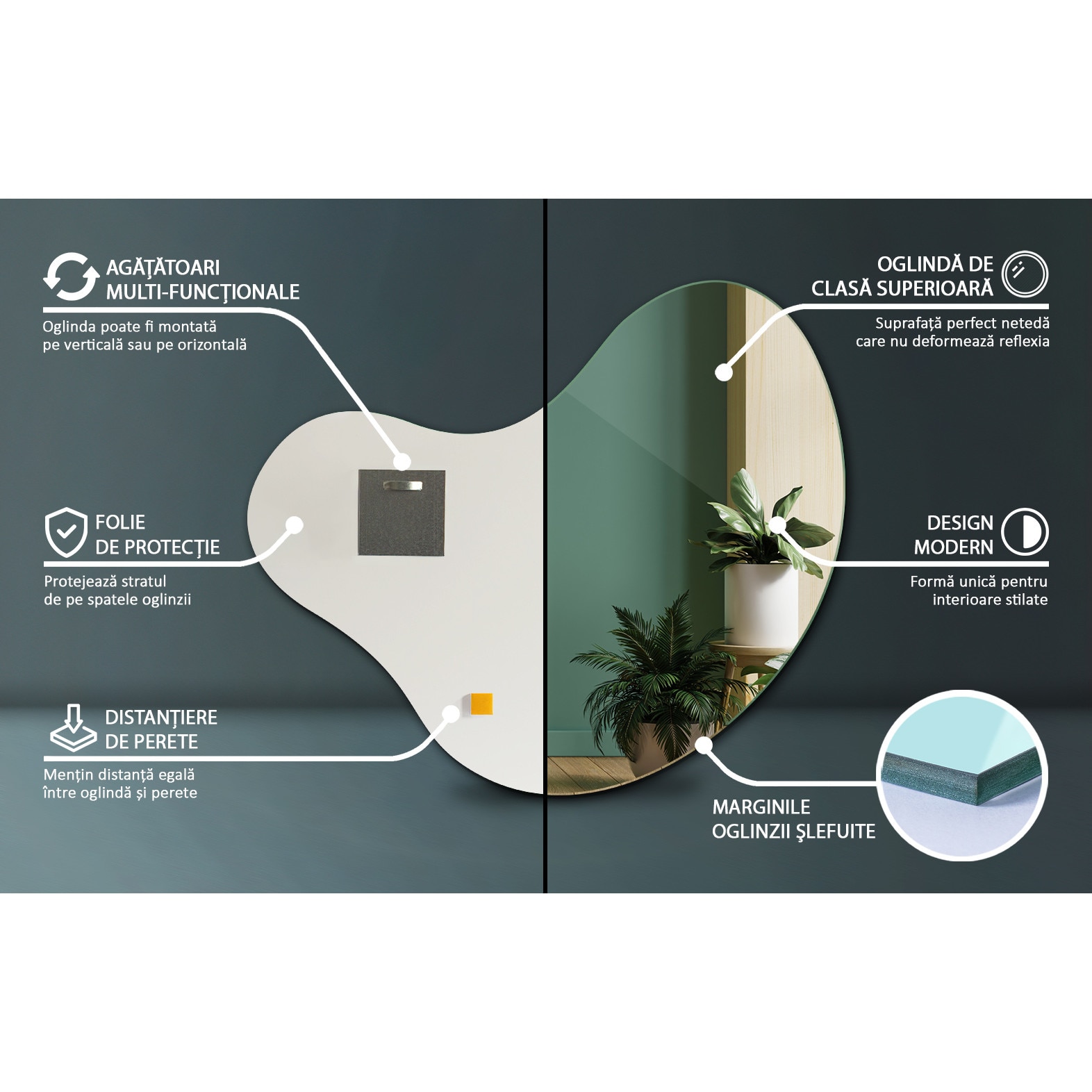 Oglinda decorativa de perete, Wallfluent, 68 cm x 67cm, asimetrica ...