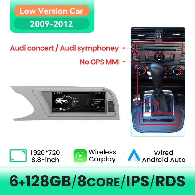 Mp5 плейър за Audi A5, 6GB, 128GB, 8 Core, без GPS, 2Din, Wifi, 4x60 ...