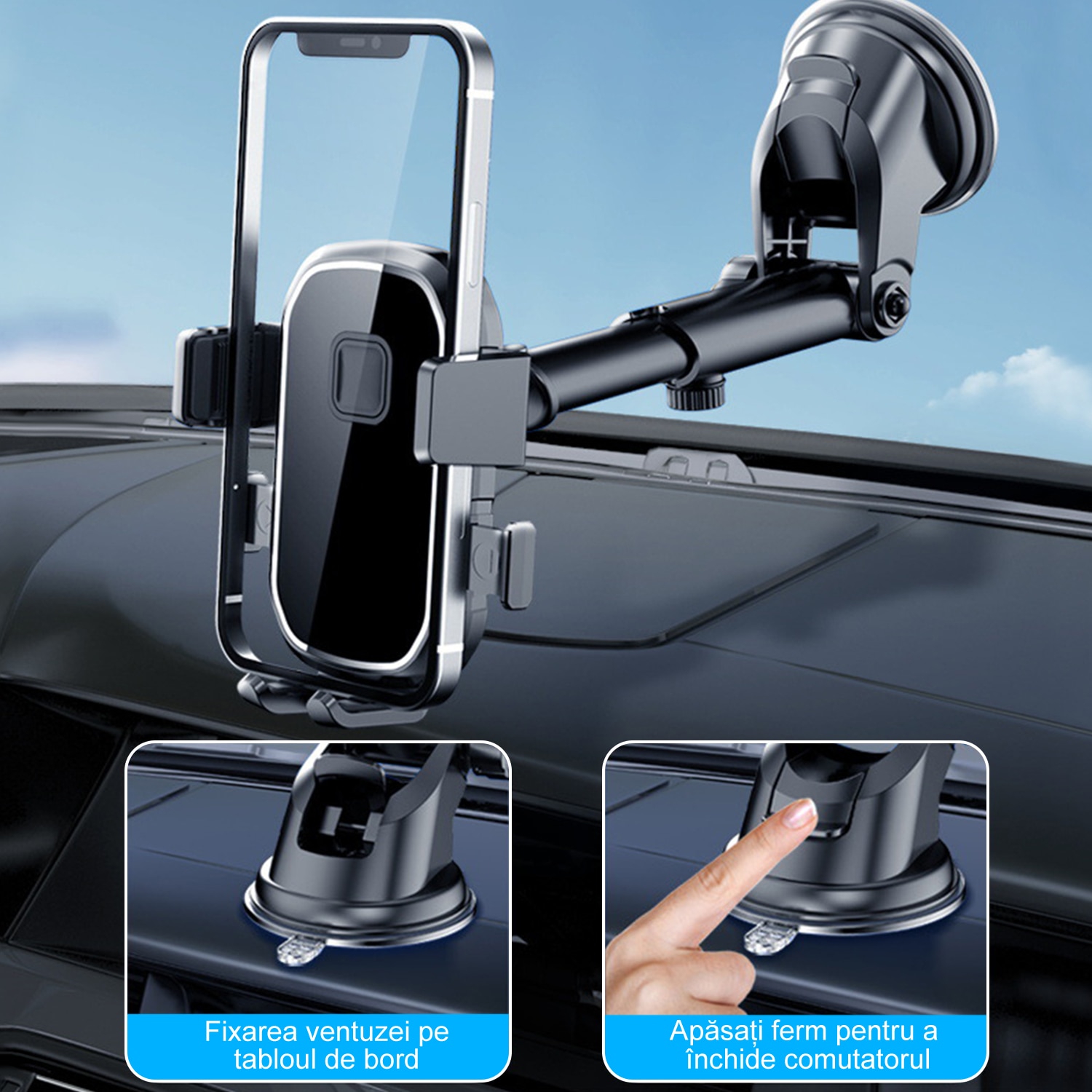 Suport auto universal pentru telefon mobil, Xinxu, brat telescopic, rotire 360 grade, sistem ...