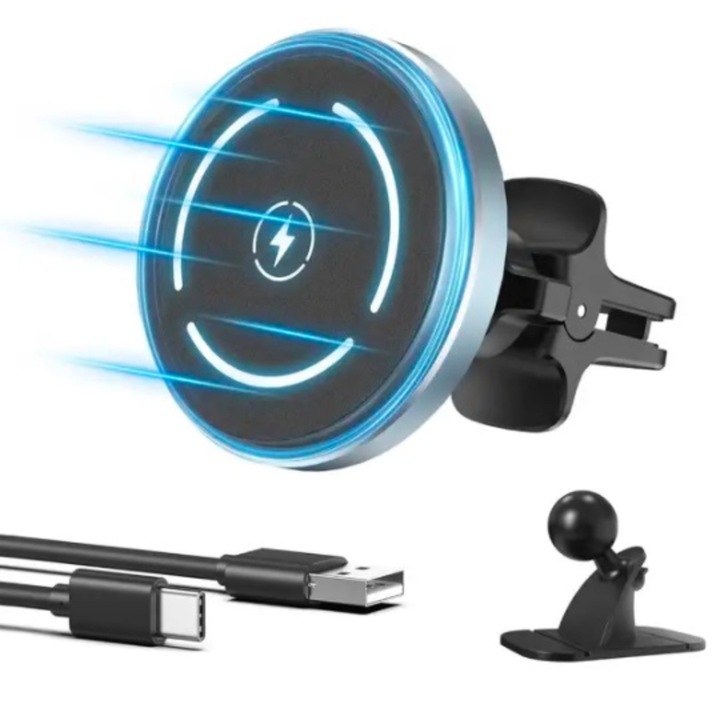 Incarcator Auto Wireless Magnetic, MagSafe, Suport Ventilatie sau Bord ...
