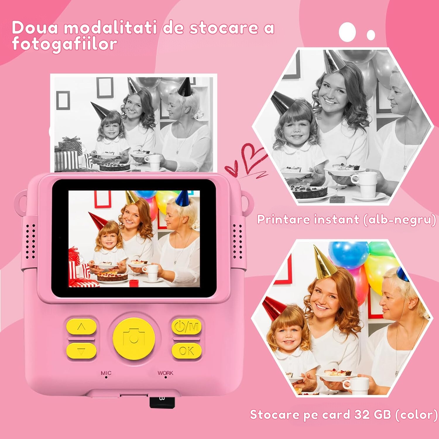 Aparat foto/video copii cu imprimare instant, Ecran 2.4 inch IPS, Video ...