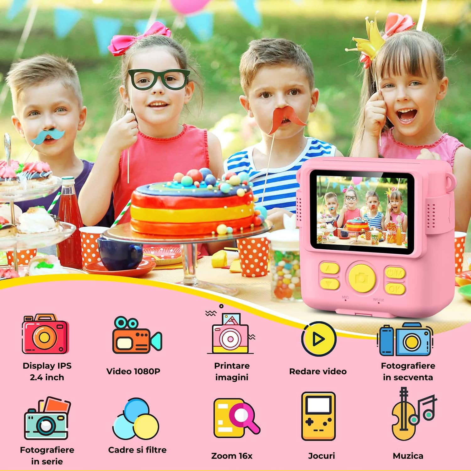 Aparat foto/video copii cu imprimare instant, Ecran 2.4 inch IPS, Video ...
