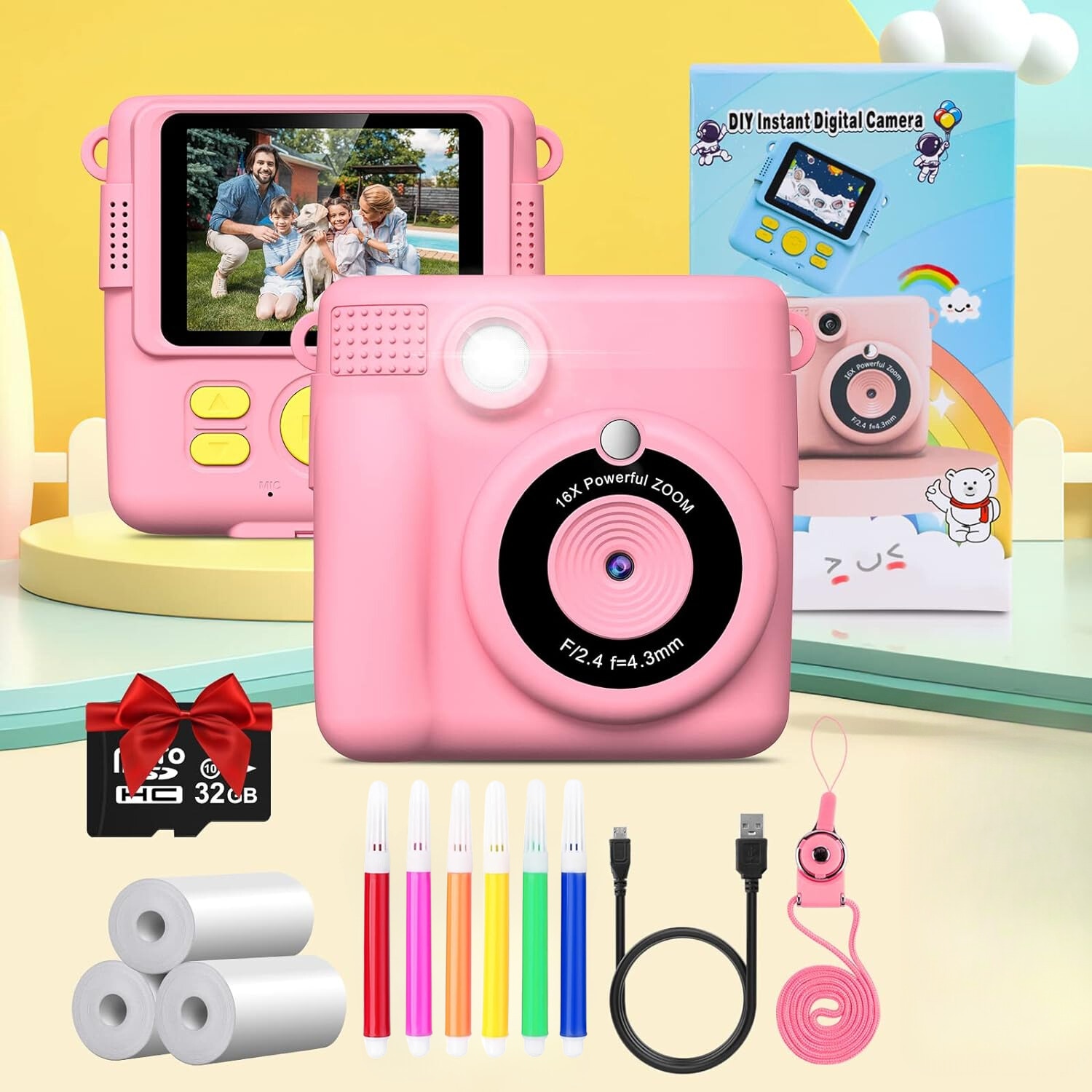 Aparat foto/video copii cu imprimare instant, Ecran 2.4 inch IPS, Video ...