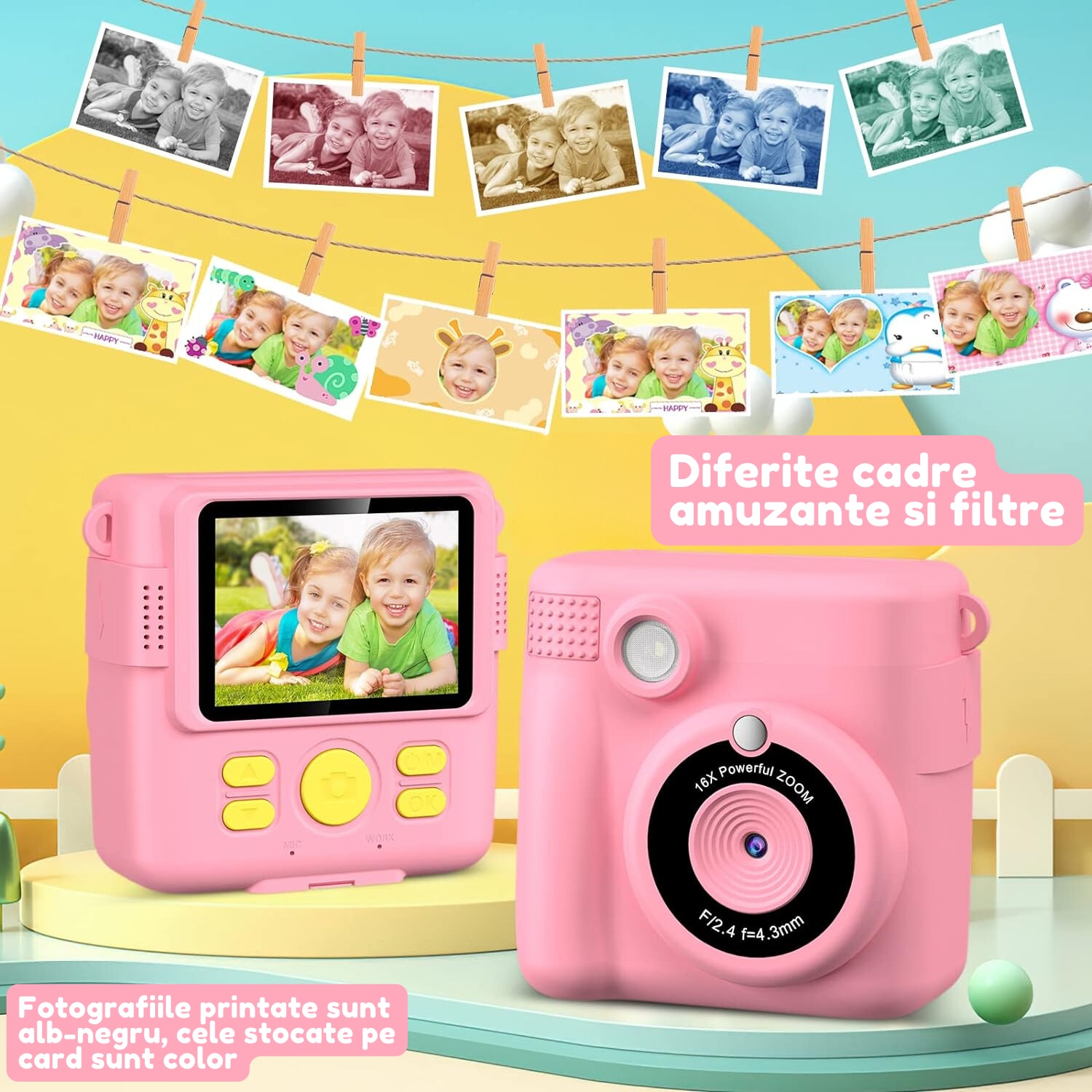 Aparat foto/video copii cu imprimare instant, Ecran 2.4 inch IPS, Video ...