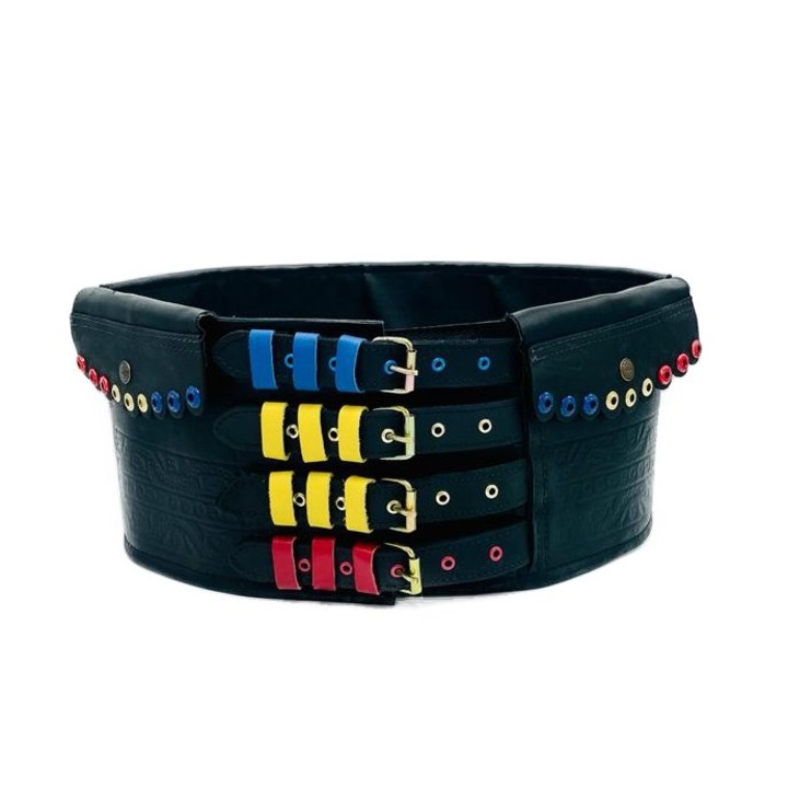 Chimir traditional din piele naturala cu 4 catarame, tricolor, 107x18 ...