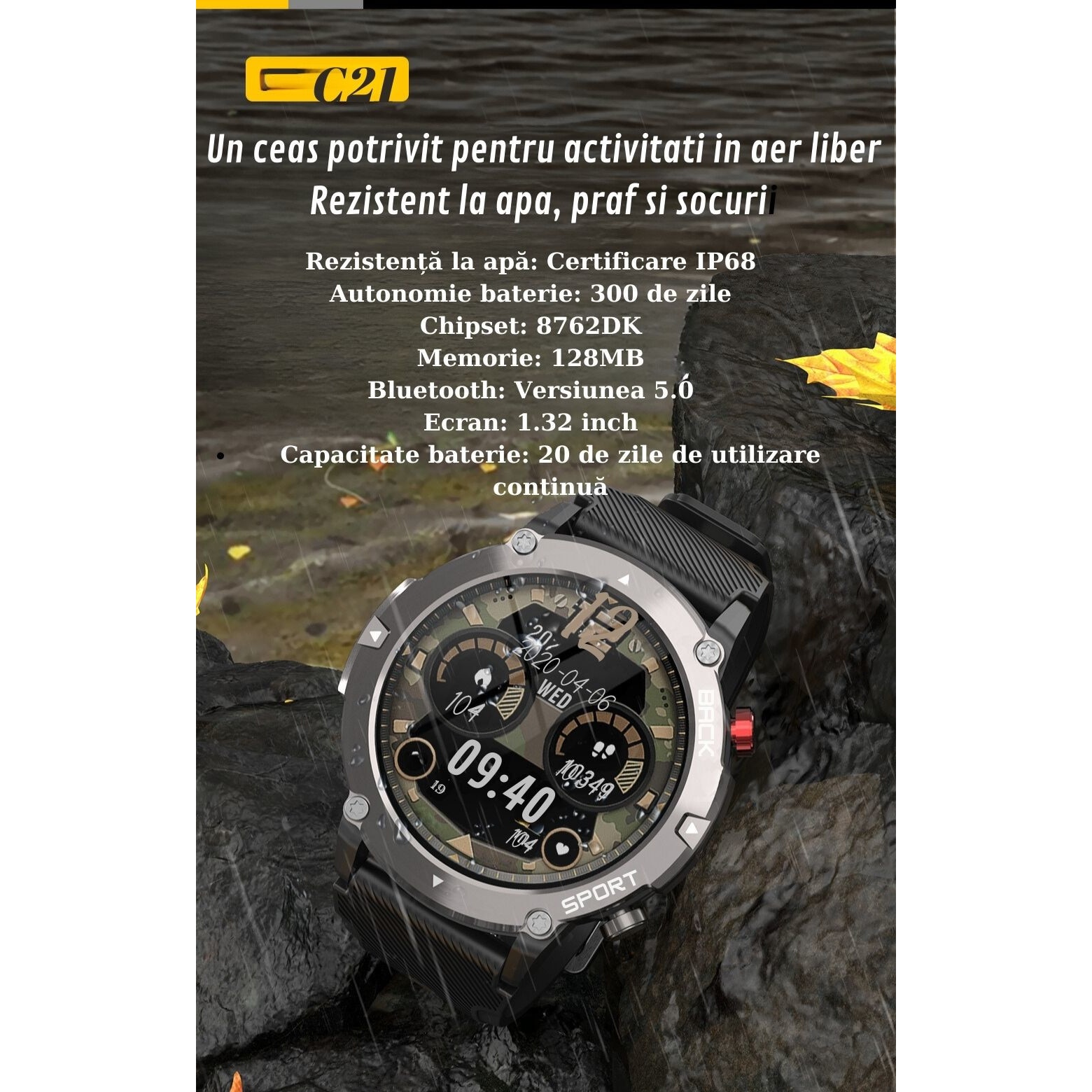 Ceas Smartwatch Sport C21, 1.32 inch, Apel Bluetooth HD, IP68, Multi ...