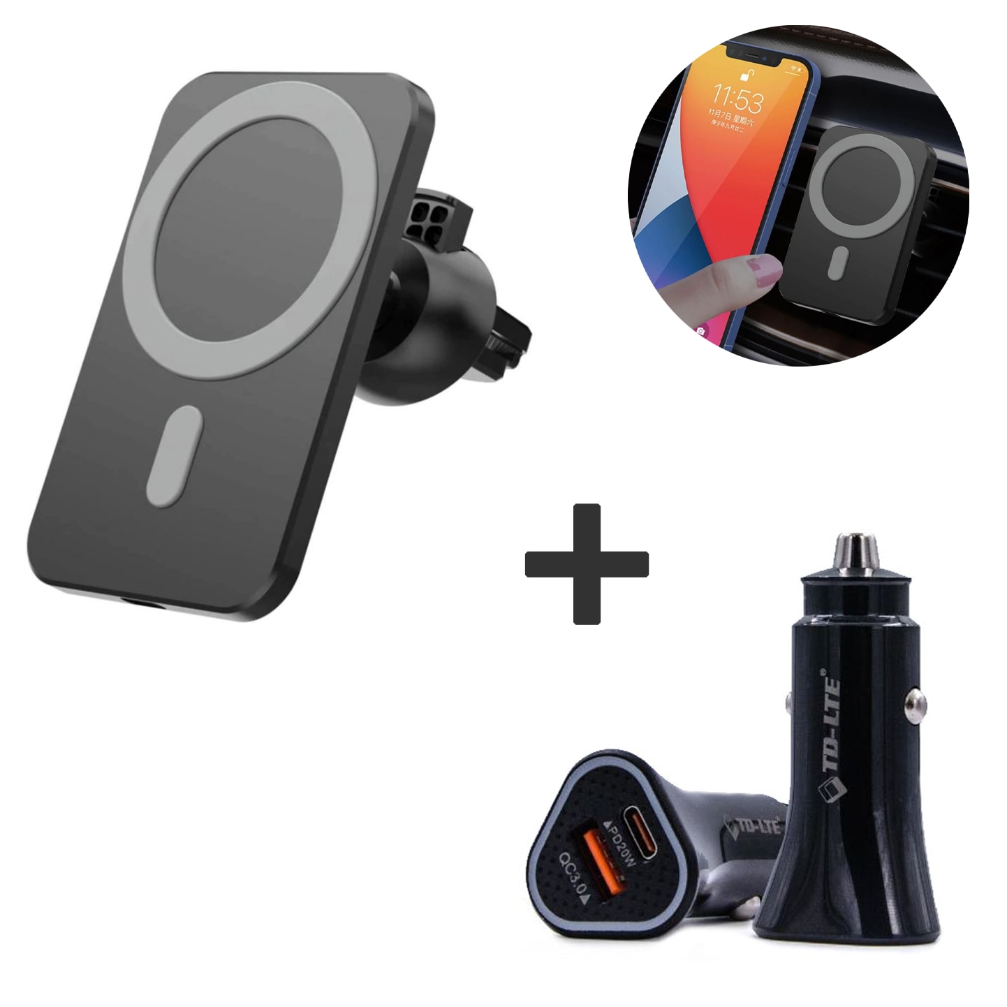 Suport Auto Magsafe + Incarcator Auto, Fast Charge, iPhone, Wireless ...