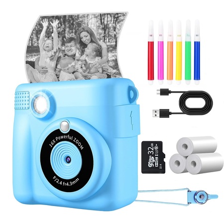 Aparat foto/video copii cu imprimare instant, Ecran 2.4 inch IPS, Video ...