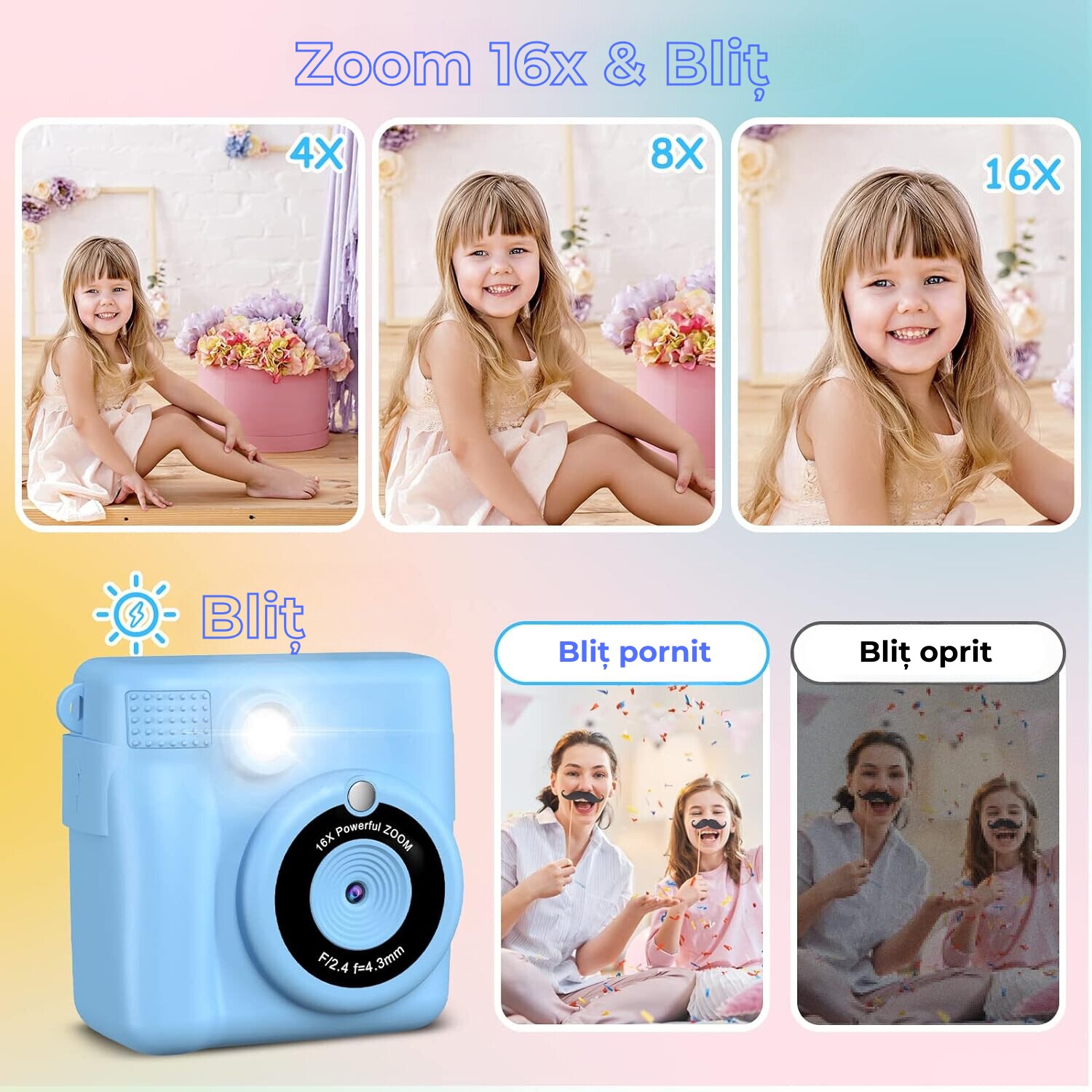 Aparat foto/video copii cu imprimare instant, Ecran 2.4 inch IPS, Video ...