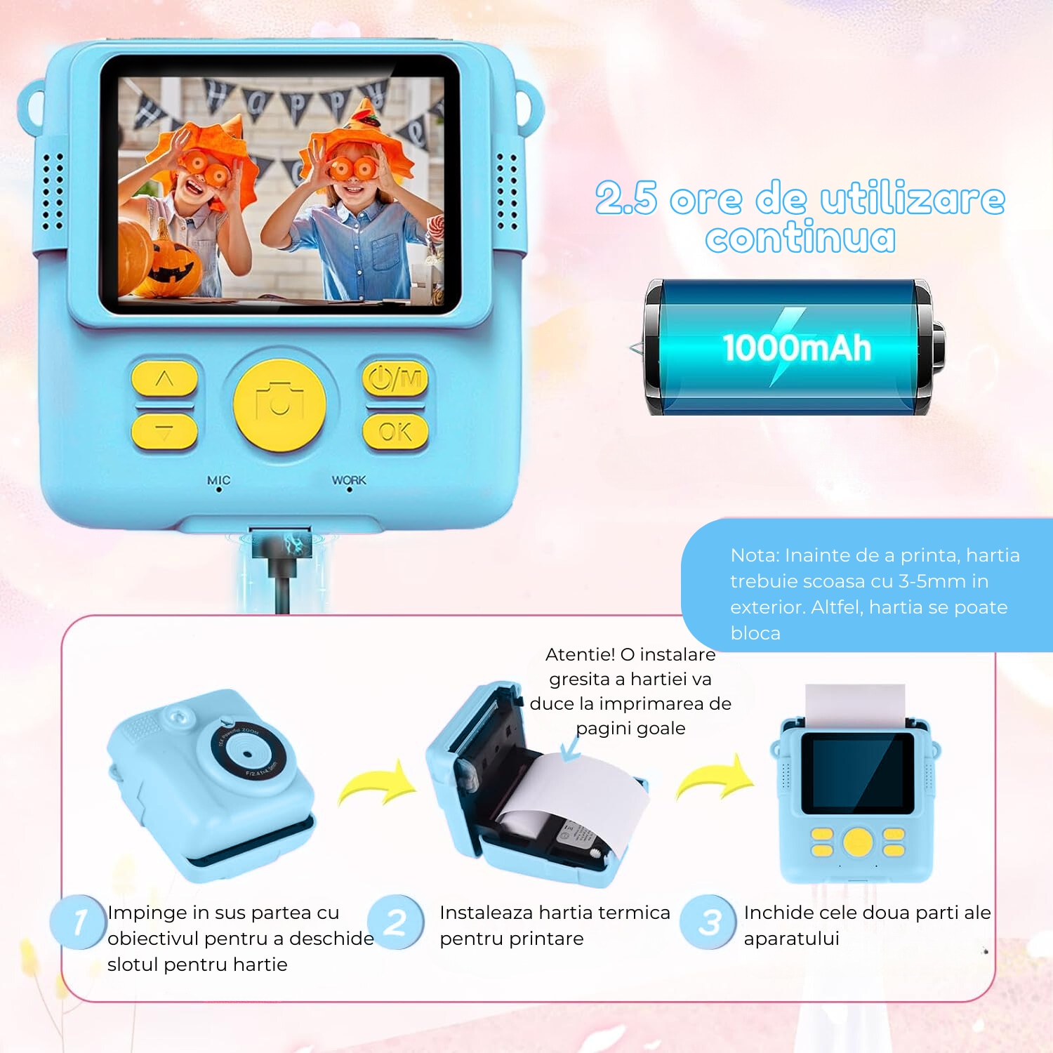 Aparat foto/video copii cu imprimare instant, Ecran 2.4 inch IPS, Video ...