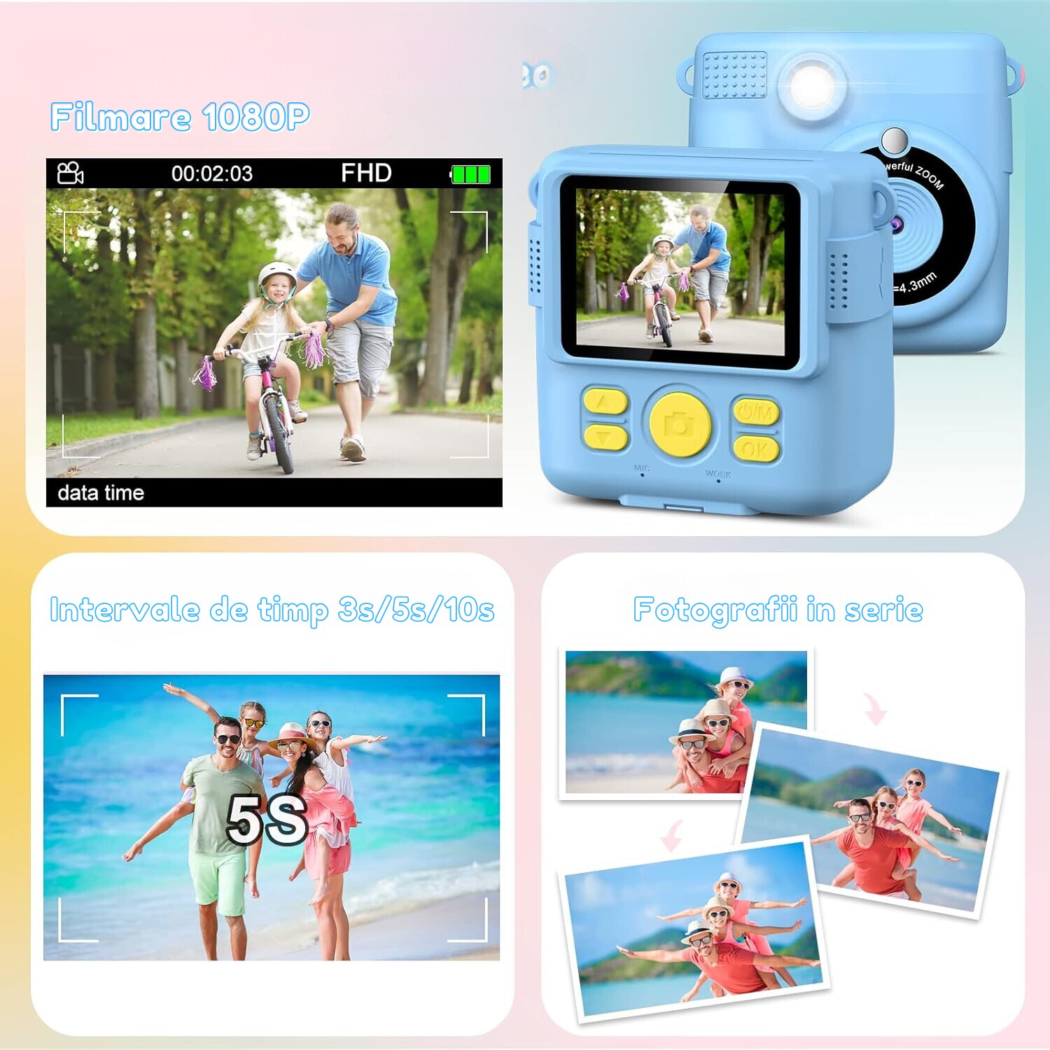 Aparat foto/video copii cu imprimare instant, Ecran 2.4 inch IPS, Video ...