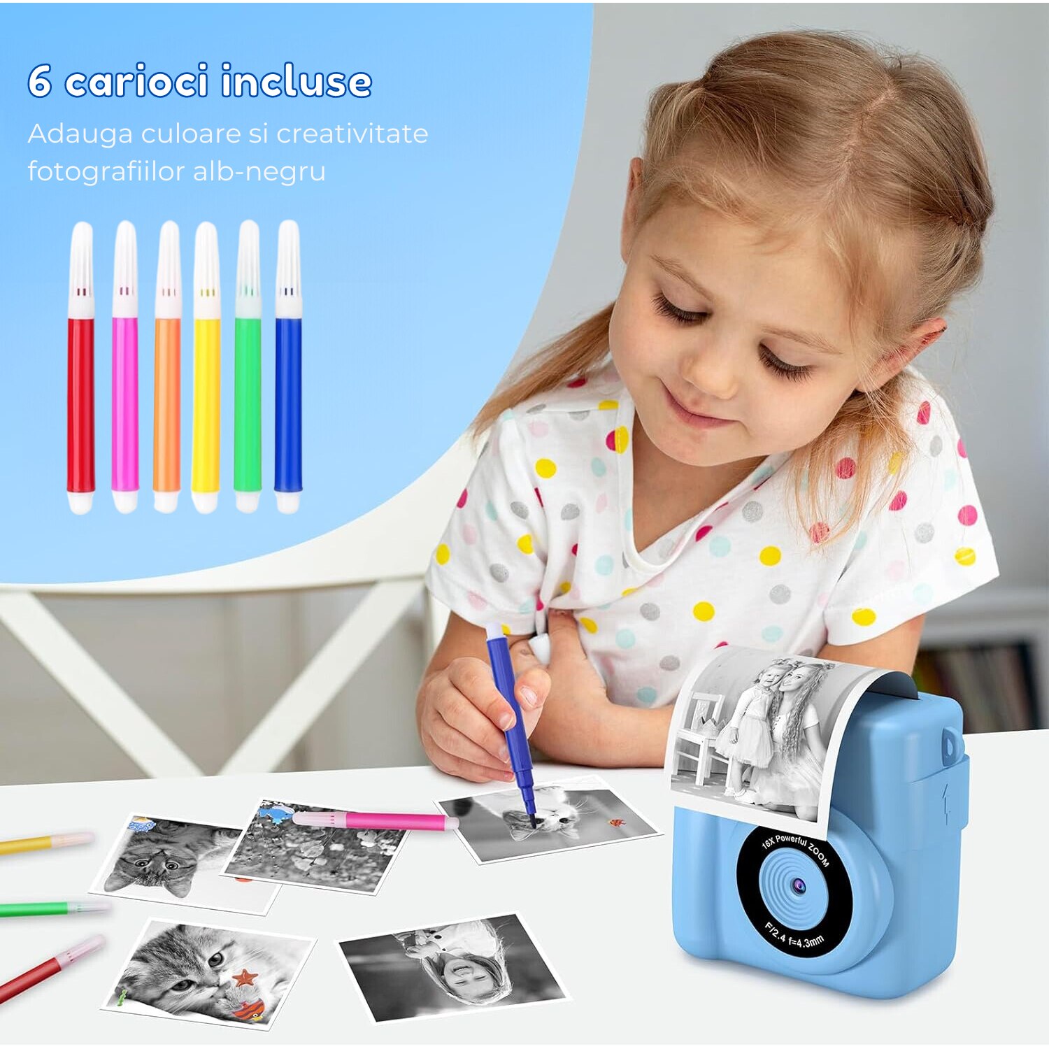 Aparat foto/video copii cu imprimare instant, Ecran 2.4 inch IPS, Video ...
