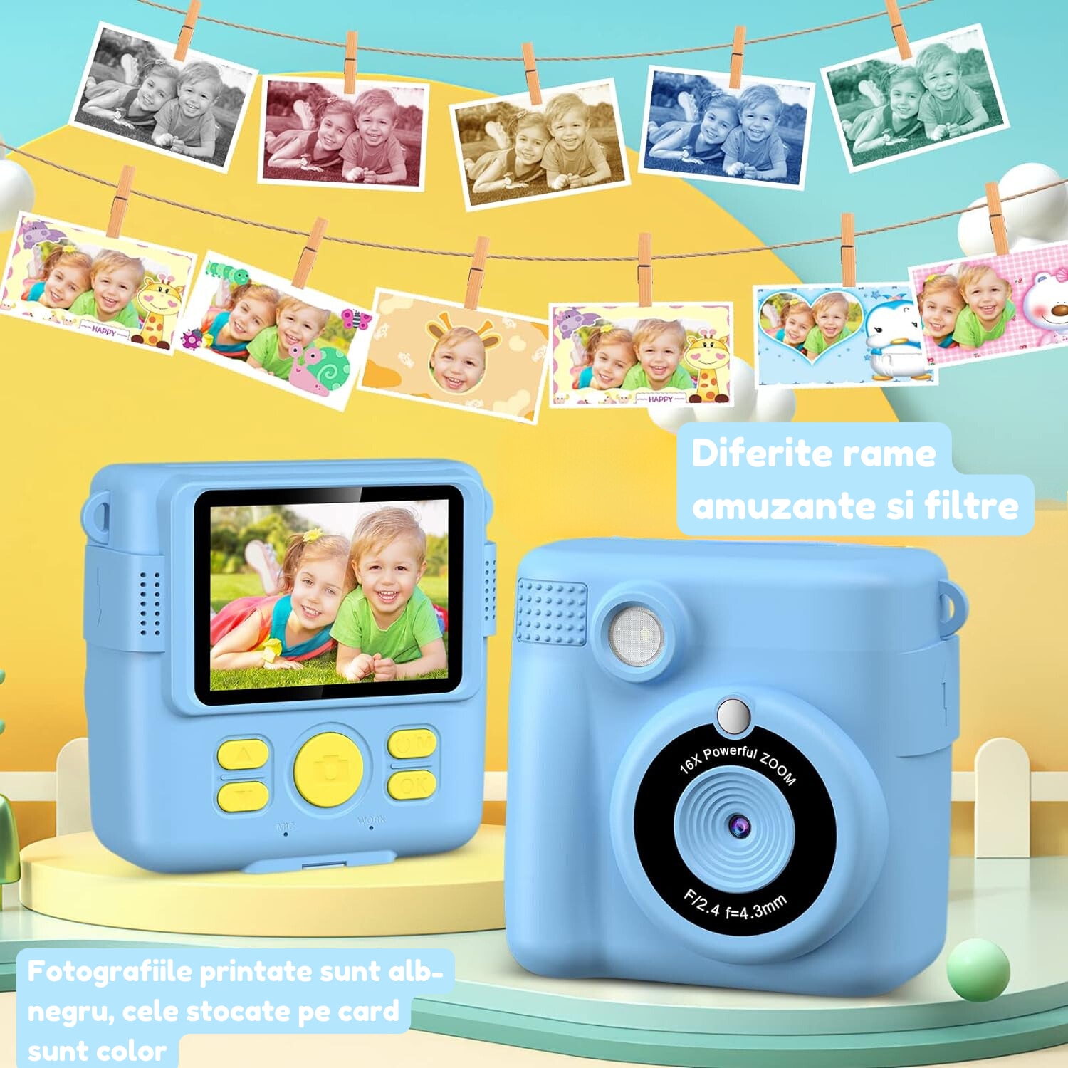 Aparat foto/video copii cu imprimare instant, Ecran 2.4 inch IPS, Video ...