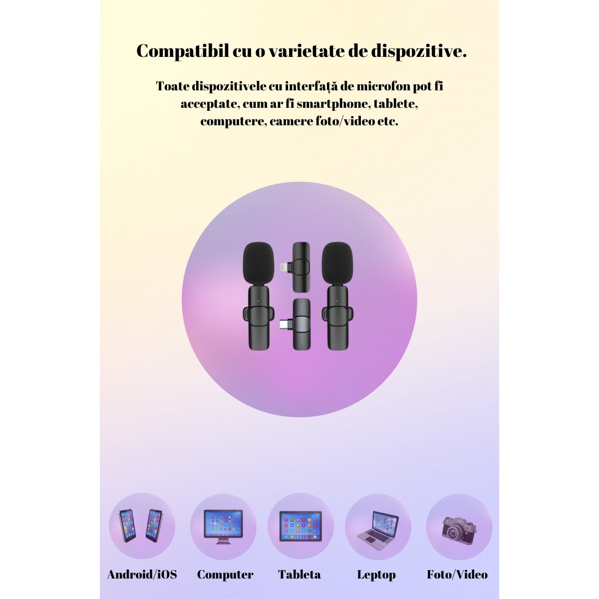 Set 2 microfoane tip lavaliera, Wireless, compatibile cu dispozitivele ...