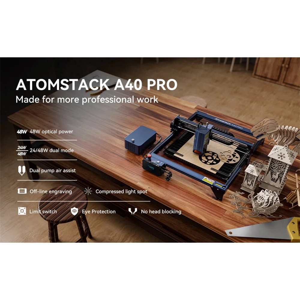 Masina de gravat cu laser 210W, ATOMSTACK A40 Pro, moduri 24W/48W, 400*400mm, taierea metalelor ...