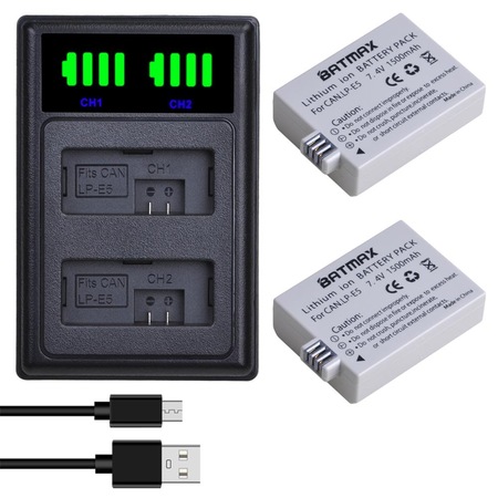 Set 2 acumulatori LP-E5 1500mAh + incarcator dublu camera foto Canon ...