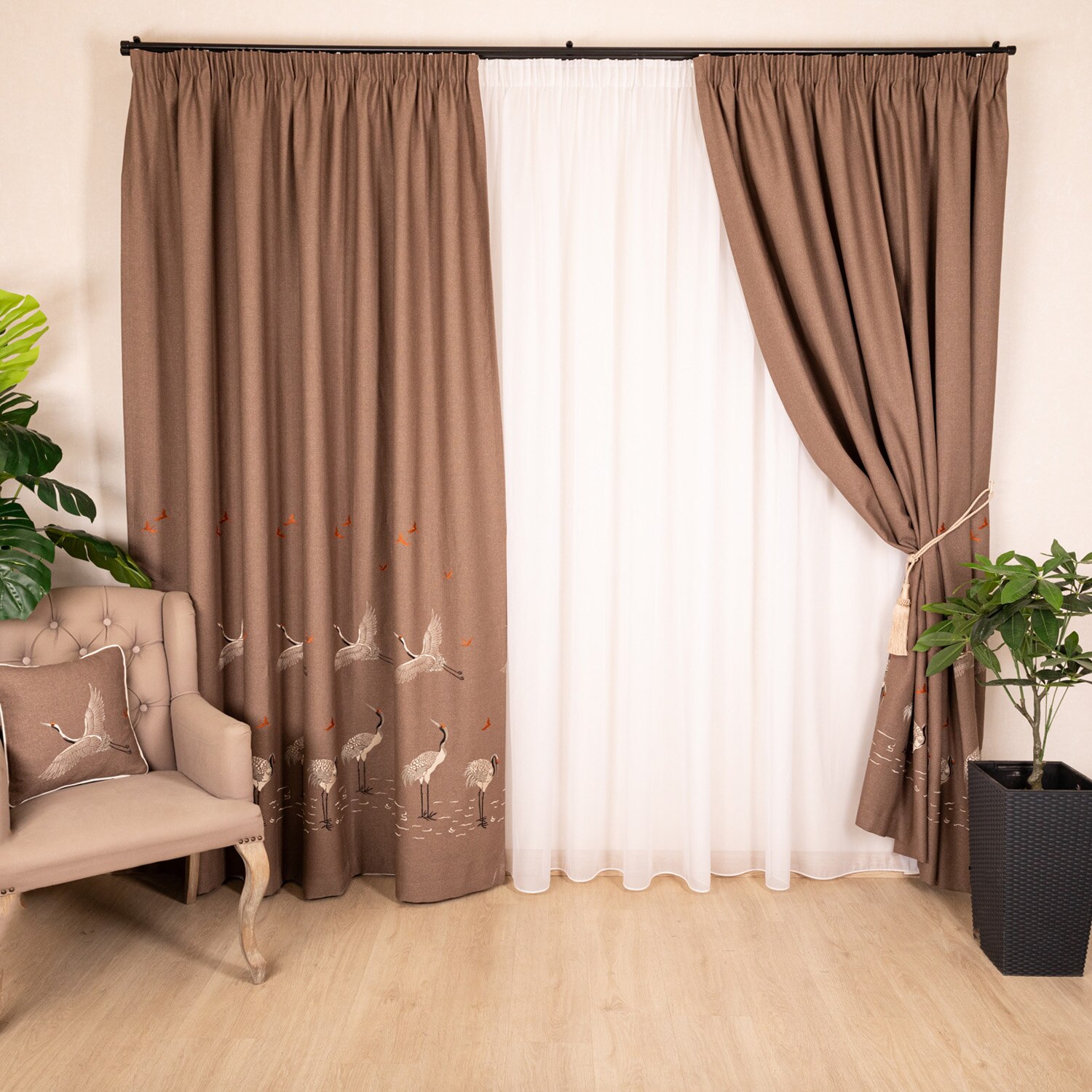 Set 2 draperii maro, Hiko Deluxe Collection, Birds 2x140x250 cm, cu ...