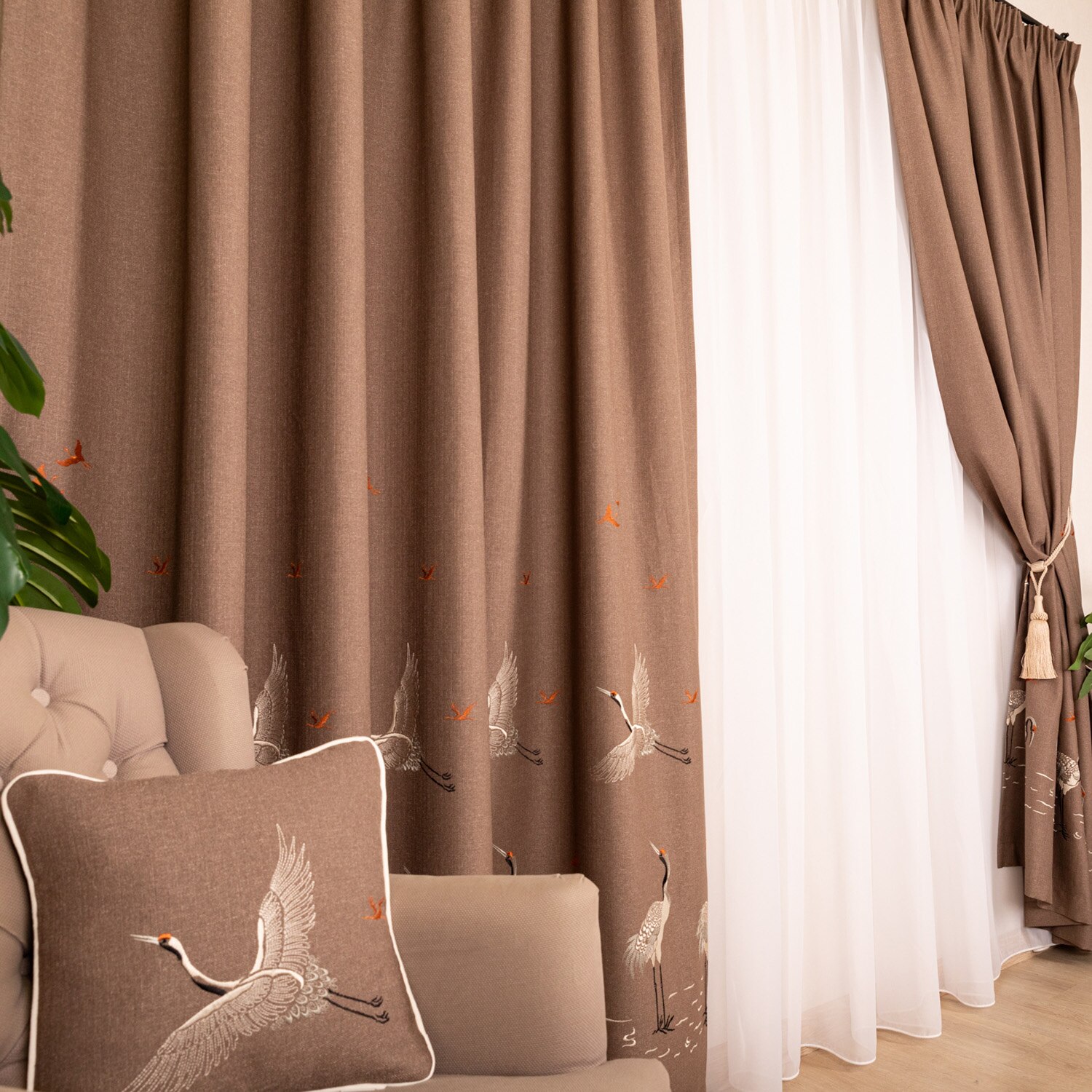 Set 2 draperii maro, Hiko Deluxe Collection, Birds 2x140x250 cm, cu ...