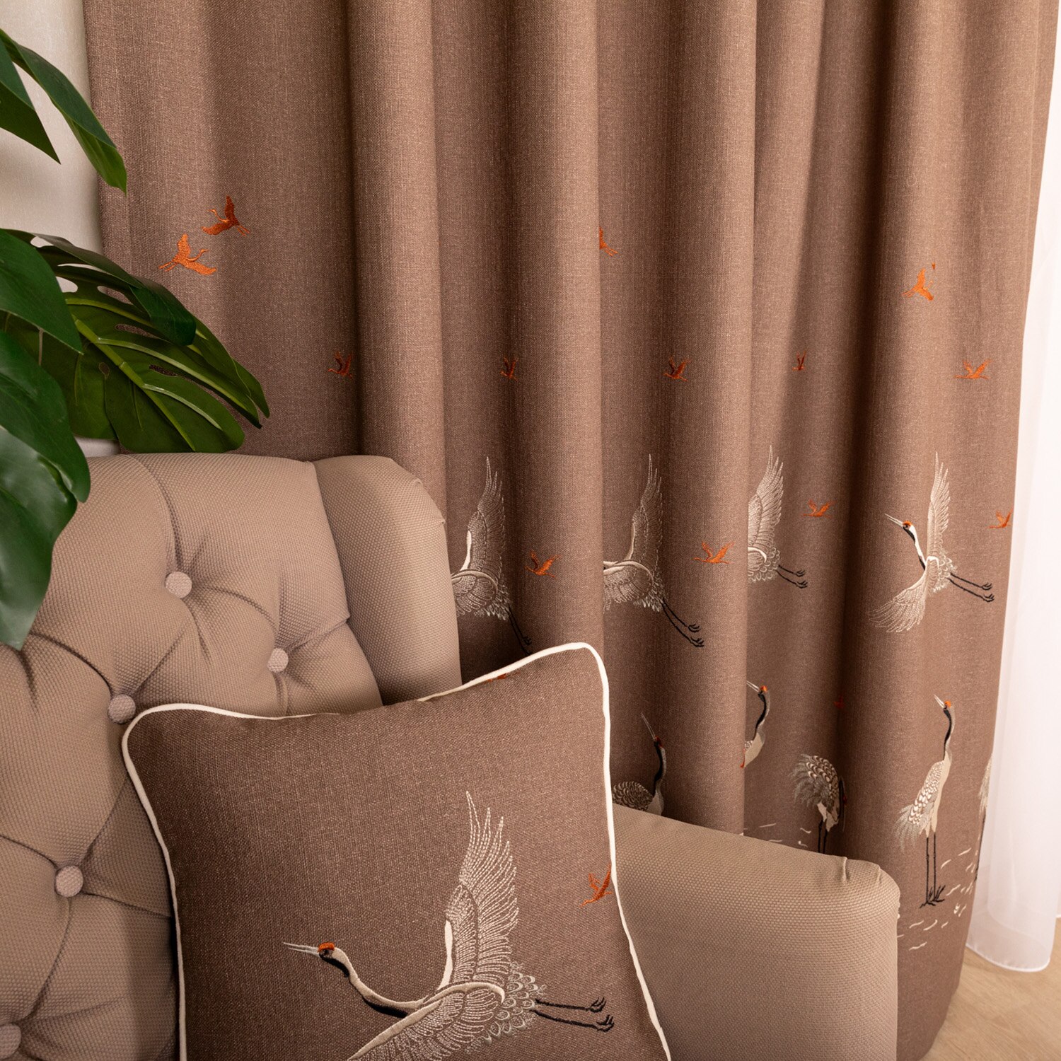 Set 2 draperii maro, Hiko Deluxe Collection, Birds 2x140x250 cm, cu ...