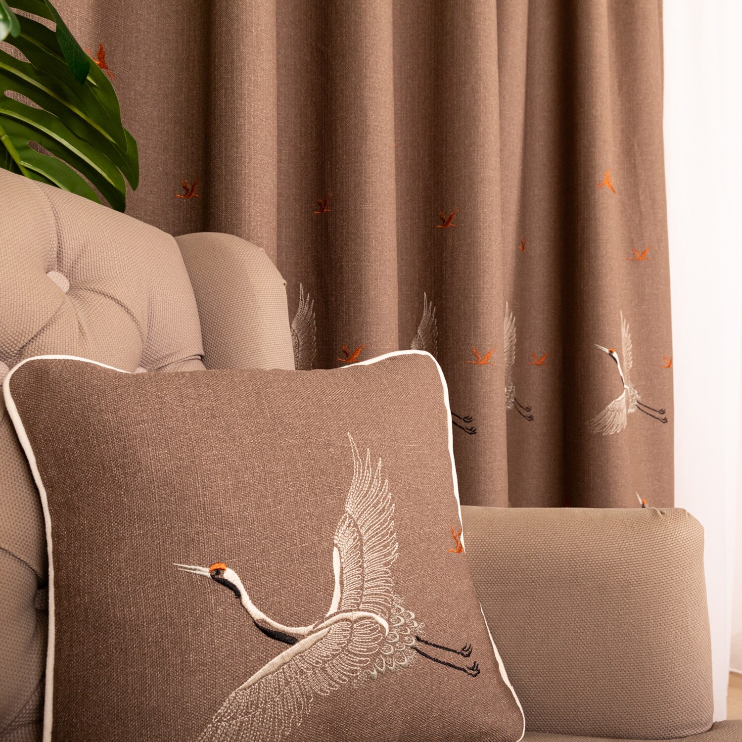 Set 2 draperii maro, Hiko Deluxe Collection, Birds 2x140x250 cm, cu ...