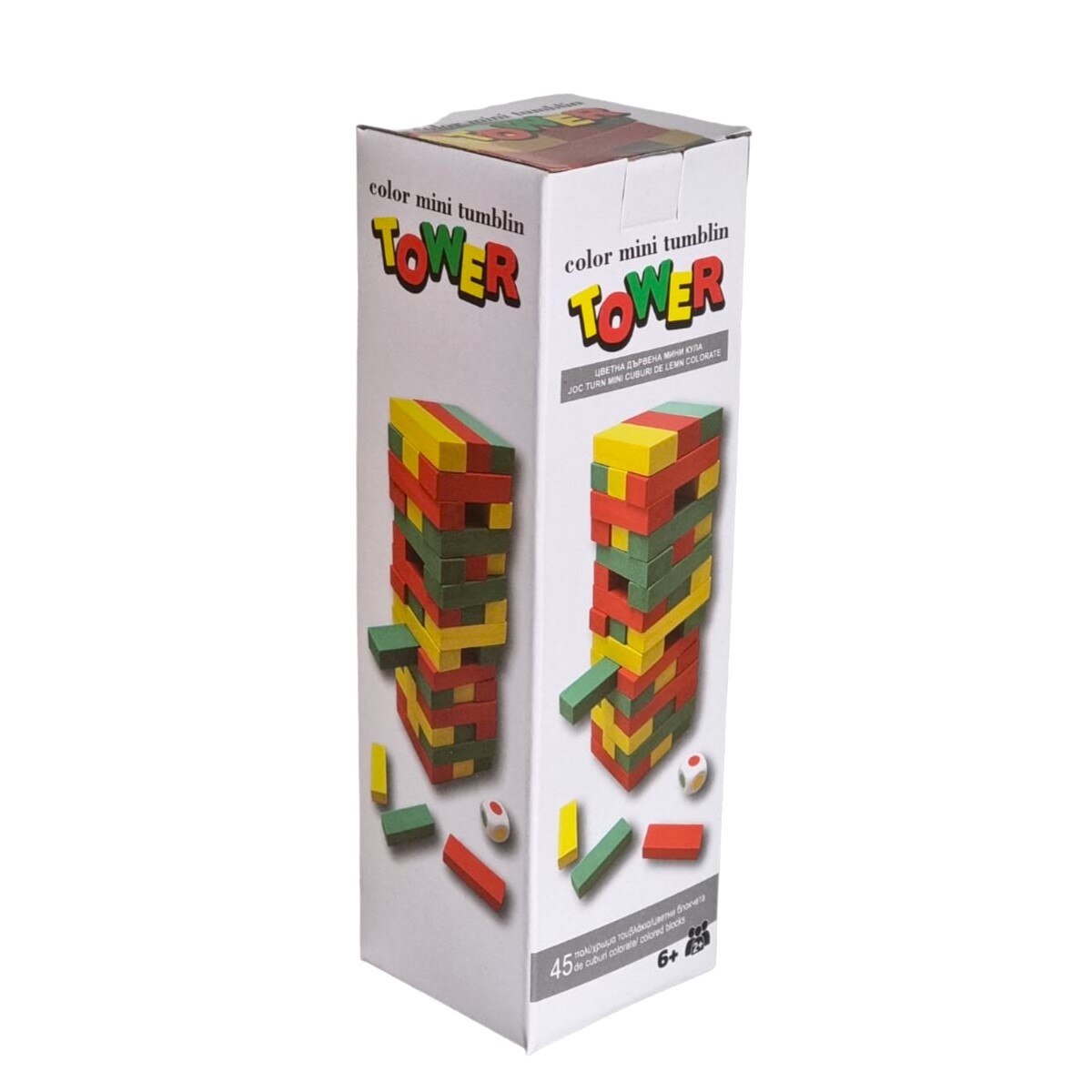 Joc de societate Tumblin Tower, 45 piese si un zar, 17x5x5 cm, 3 ani ...