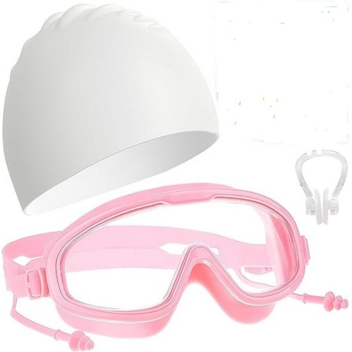 Set de ochelari roz de inot, dopuri urechi si casca alba pentru copii 3 ...