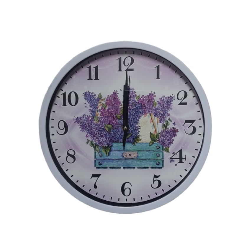 Ceas de perete din plastic cu design floral de culoare alba, lavanda ...