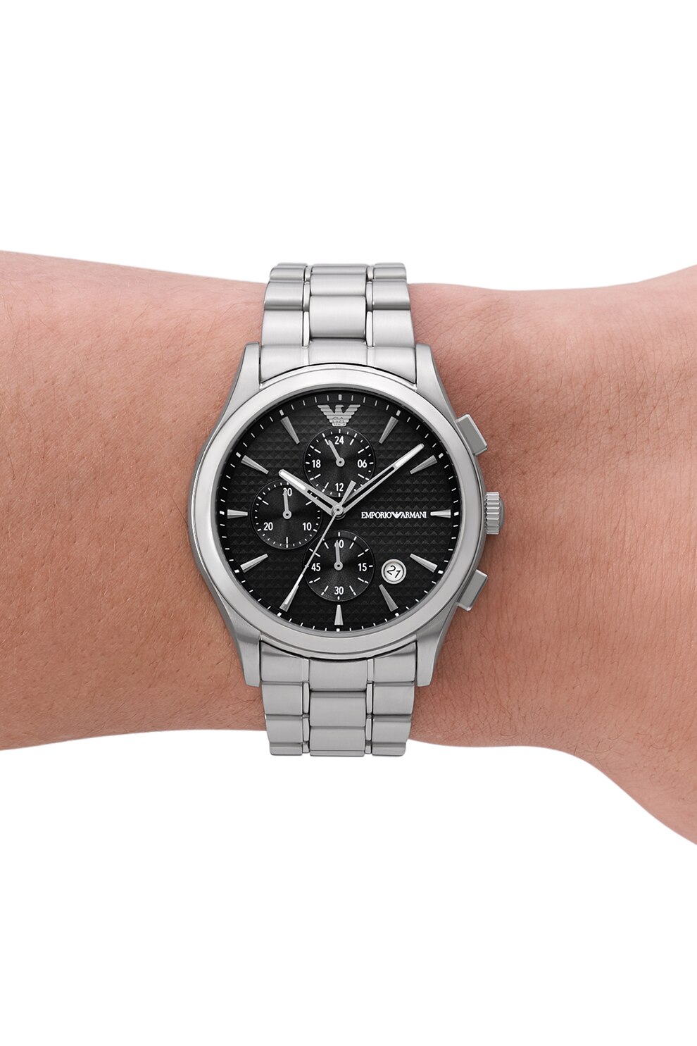 Emporio Armani, Часовник с хронограф и метална верижка, Сребрист - eMAG.bg