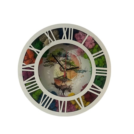Tablou decorat cu licheni naturali stabilizati, Ceas, Multicolor ...