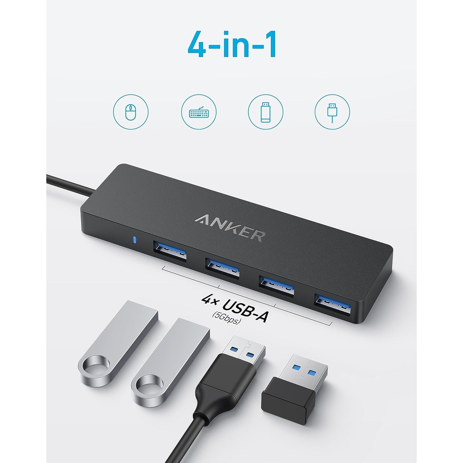 Hub Anker USB-C 4-in-1, 4x USB-A, 5Gbps, Negru - eMAG.ro