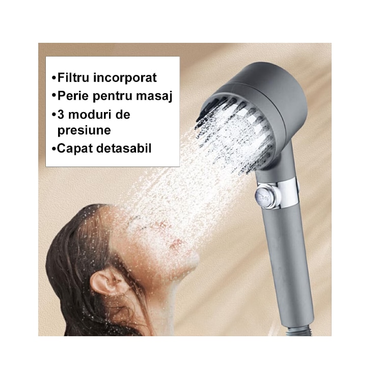 Cap de dus cu perie de masaj, 3 moduri de presiune apa, filtru pentru ...