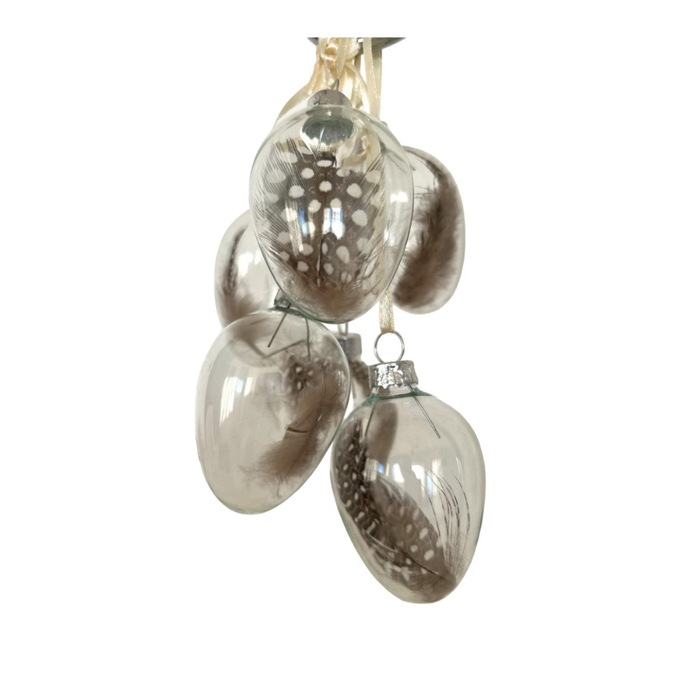 Set 6 oua decorative din sticla cu pene in interior pentru sarbatorile ...