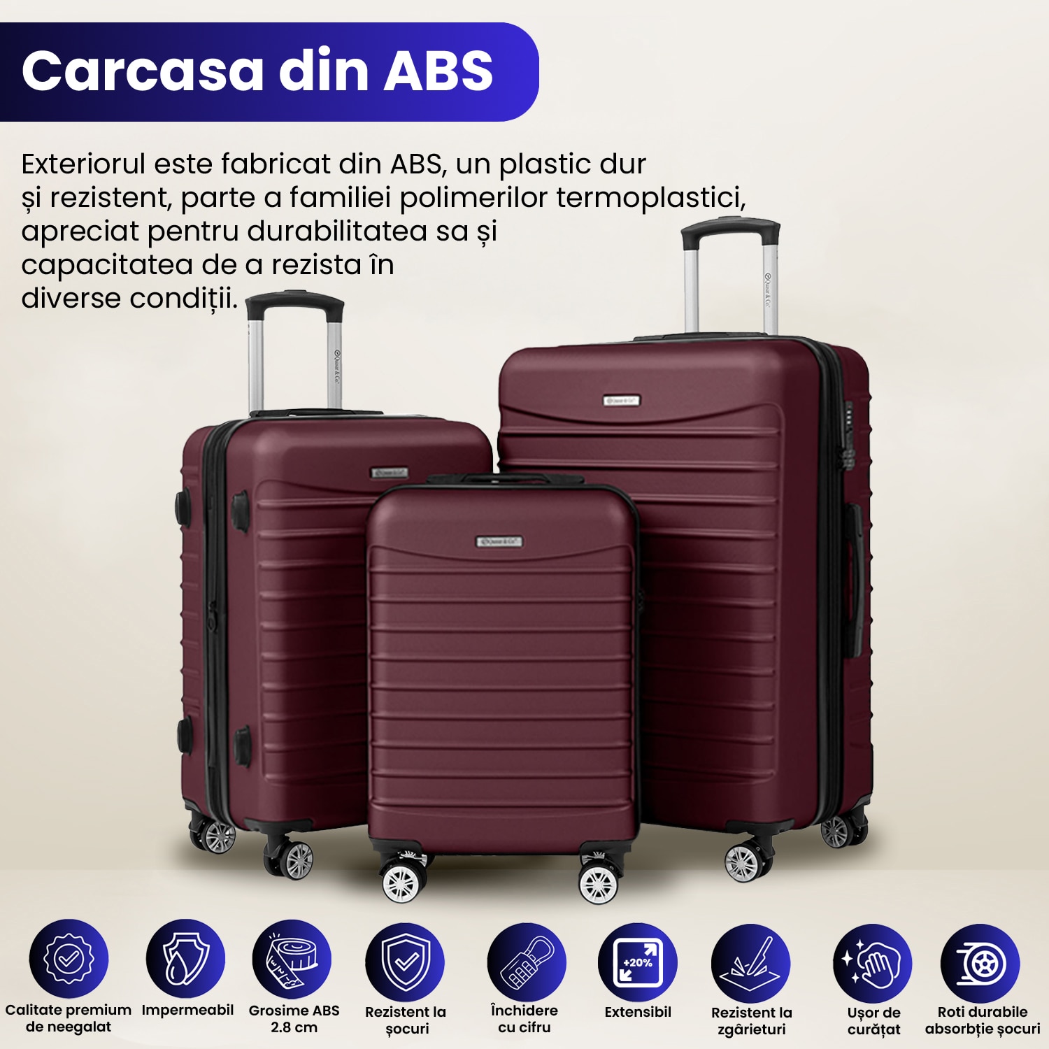 Set 3 trolere, Quasar & Co.®, S/M/L, valize cu fermoar antifurt, bagaje ...