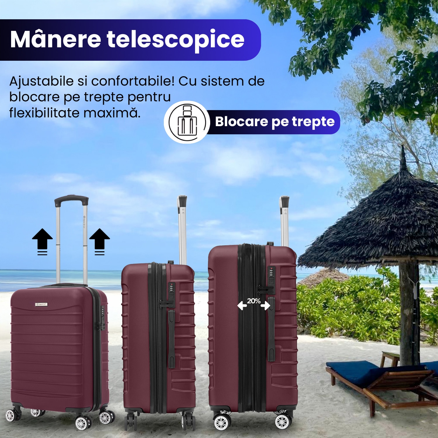 Set 3 trolere, Quasar & Co.®, S/M/L, valize cu fermoar antifurt, bagaje ...