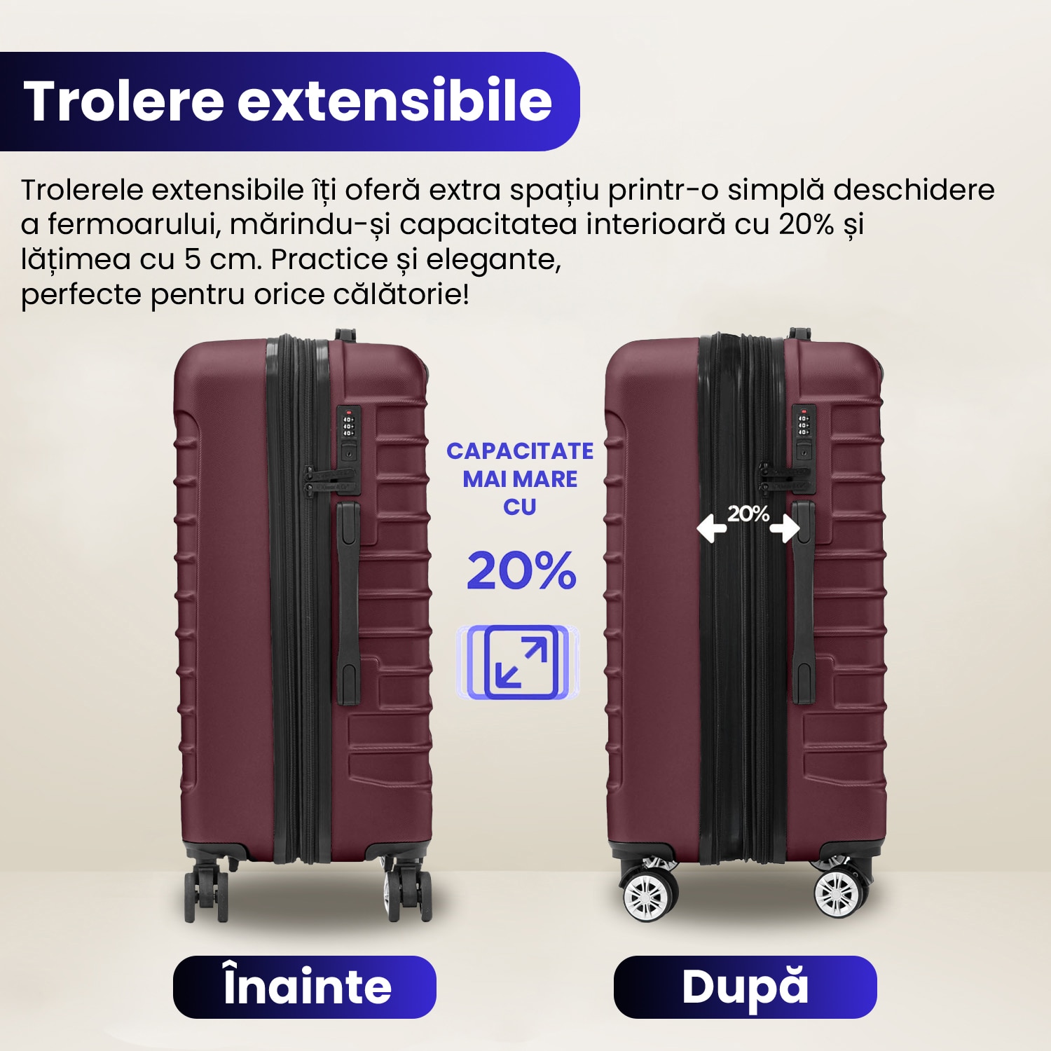 Set 3 trolere, Quasar & Co.®, S/M/L, valize cu fermoar antifurt, bagaje ...